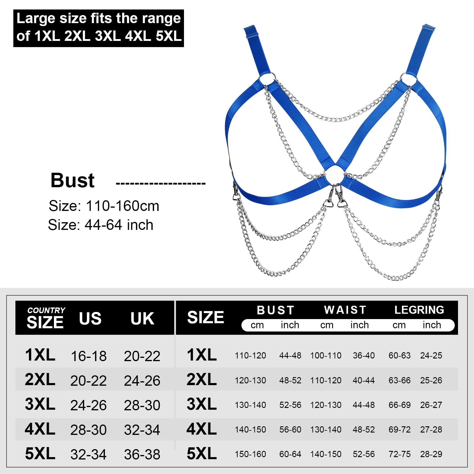 Plus Size Women Punk Harness Body Top Body Chain Black Goth Rave Adjustable for Women and Girls (Royal Blue)