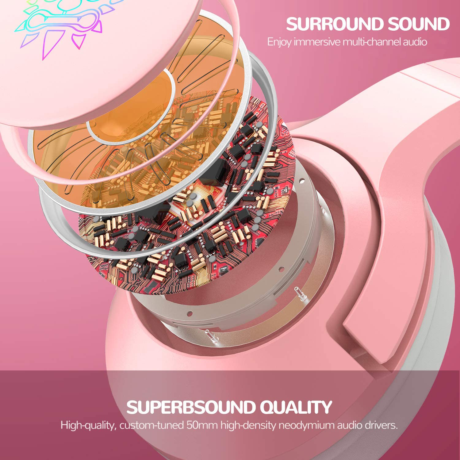 SIMGAL Pink Gaming Headset with Removable Cat Ears, Compatible with PC PS4 PS5 Xbox One(Adapter Not Included) Mobile Phones, with Surround Sound, RGB Backlight & Noise Canceling Retractable Microphone