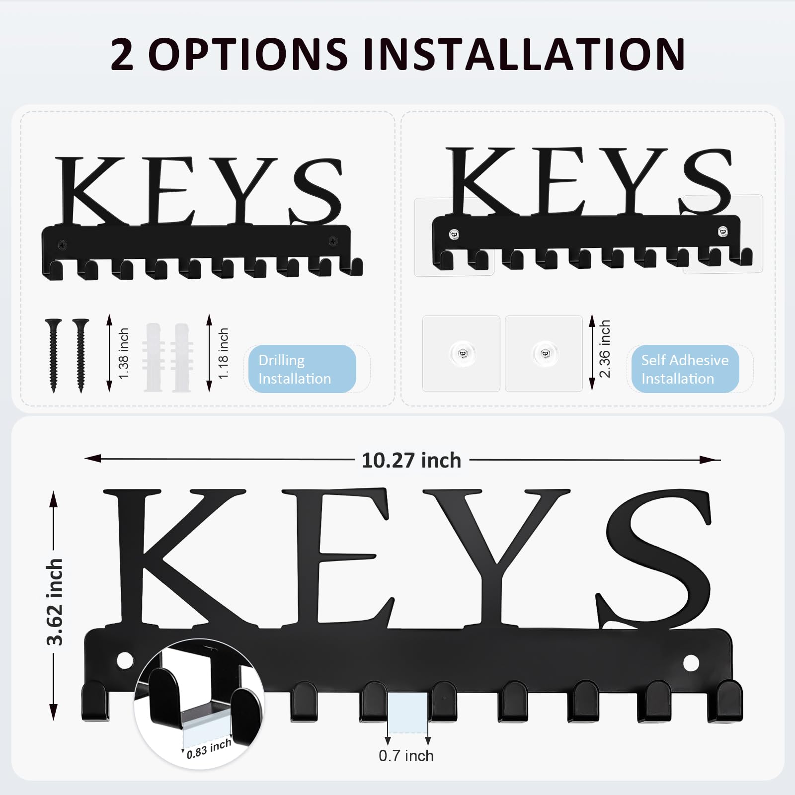 RELBRO Key Holder Wall Mount, Black Key Hanger Wall Decorative Key Rack Organizer Metal Adhesive Keychain Holder with 10 Key Hooks for Doorway Entryway Hallway Garage 2 Installation Ways