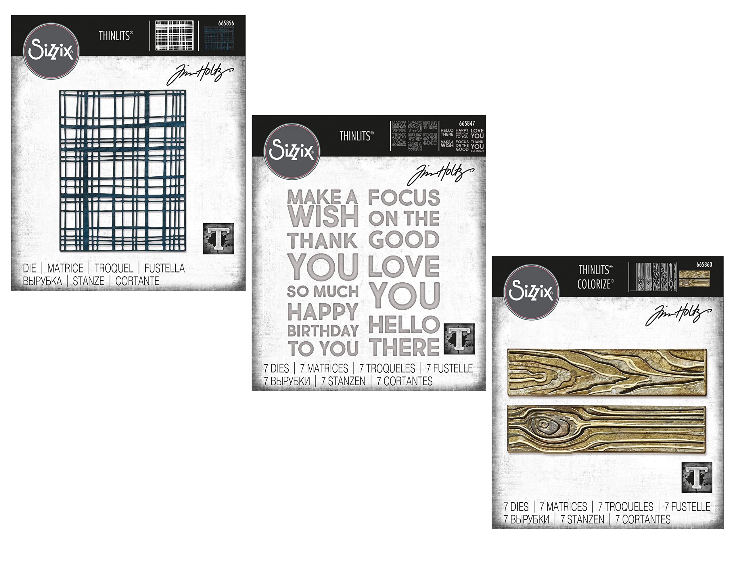Tim Holtz Sizzix Text and Texture 2022 Die Bundle, 3 Sets, Simple Plaid, Bold Text #1, Woodgrain Colorize, Bundle of 3 Die Sets (665847, 665856, 665860)