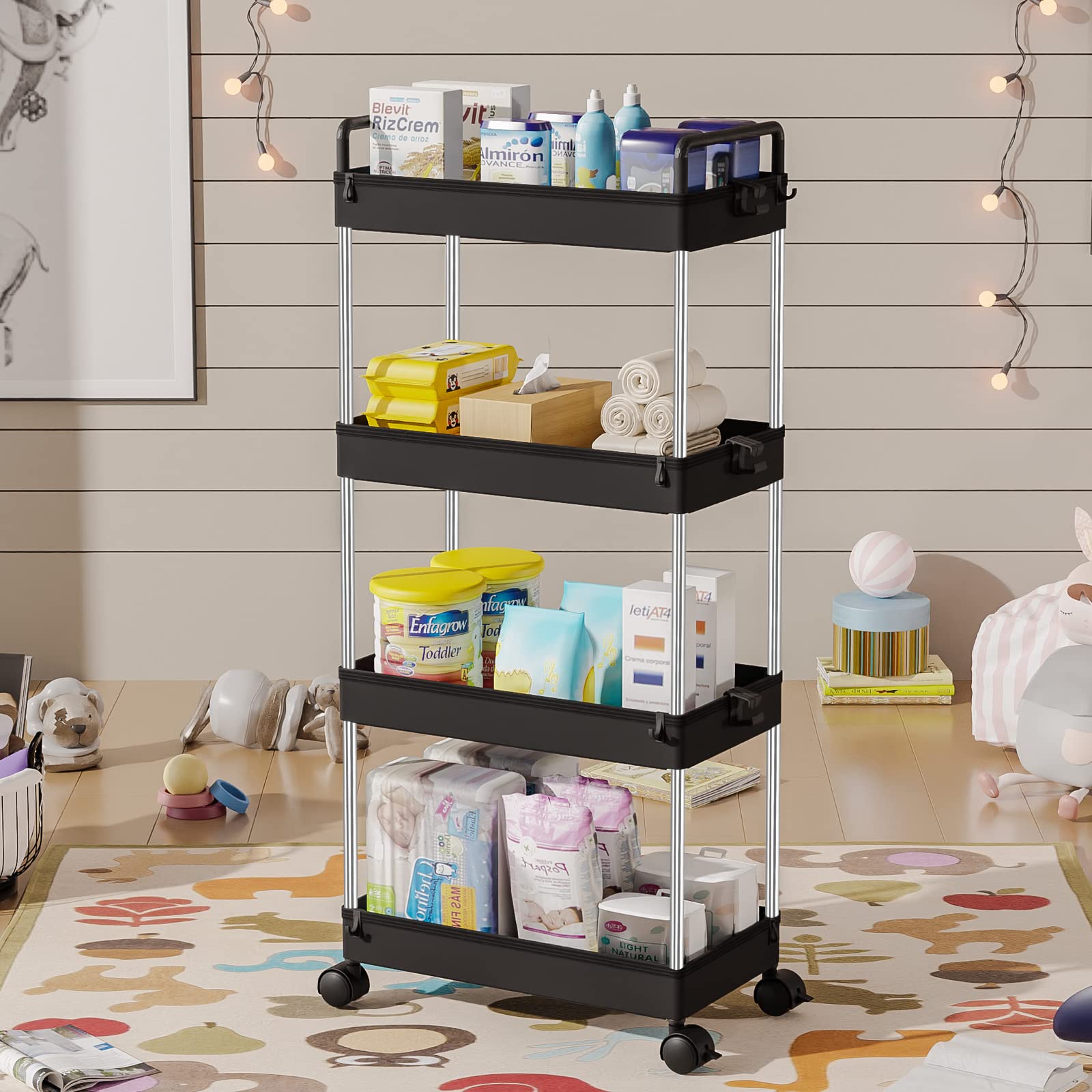 Ronlap 4 Tier Classic Storage Rolling Cart, Thin Storage Cart with Wheels Slide Out Storage Rolling Cart Organizer Plastic Utility Carts for Bathroom Laundry Room Kitchen Office Narrow Place, Black
