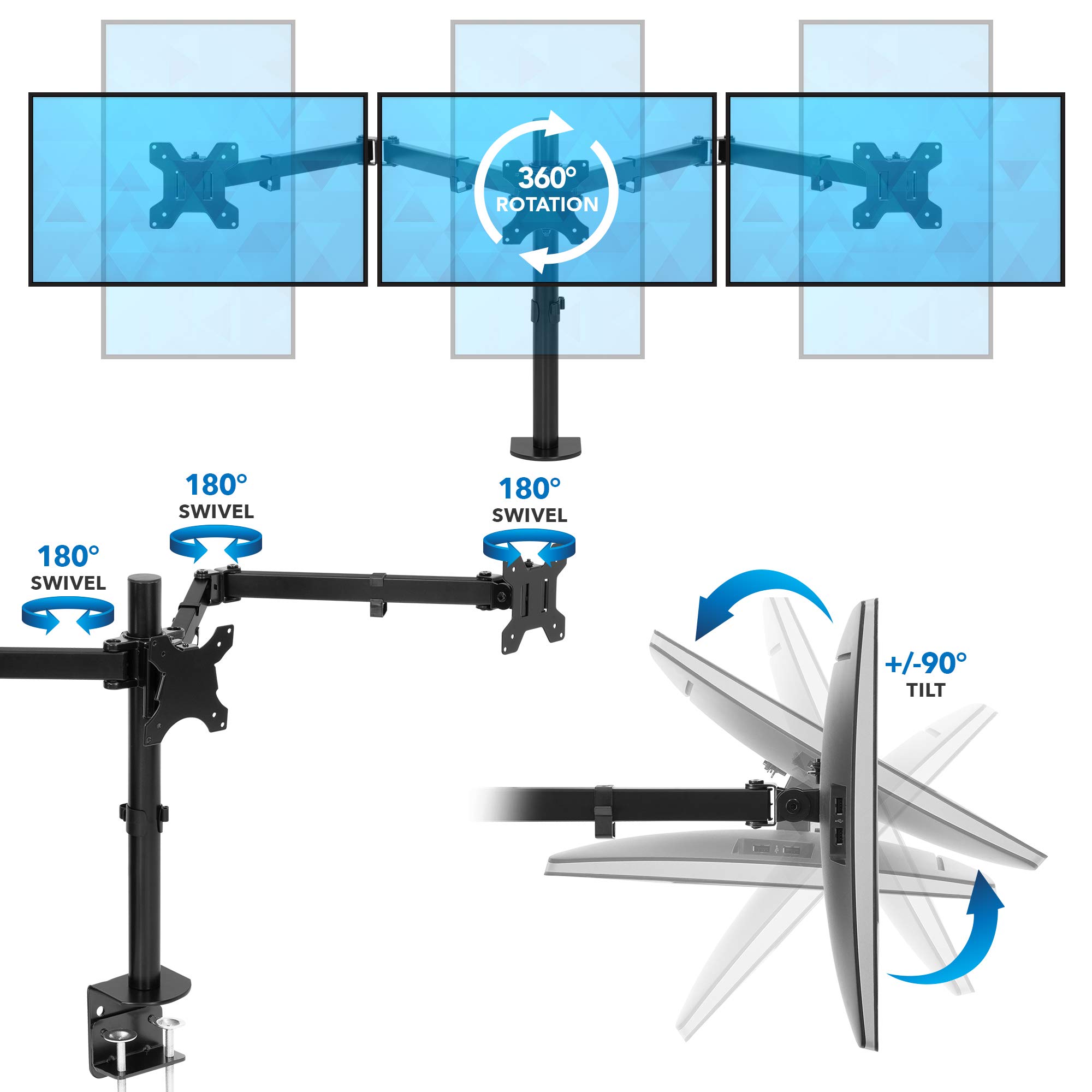 Mount-It! Triple Monitor Mount | 3 Computer Screen Desk Stand with Clamp and Grommet Base Fits Up to 24, 27, 32 Displays | Universal VESA Pattern 75x75 and 100x100