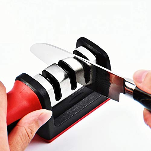 Professional knife sharpener, manual three-level professional kitchen knife sharpener, the best straight edge knife sharpener, easy to use, sharp, quick repair, red and black combined