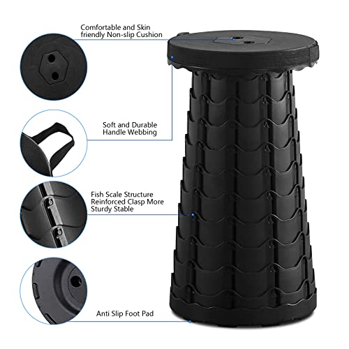 YSTseven Portable Collapsilble Stool, Retractable Stool for Adults,Upgranded Folding Camping Seats with Load Capacity 400lbs Adjustable Heavy Telescopic Stool for Hiking Fishing BBQ Black