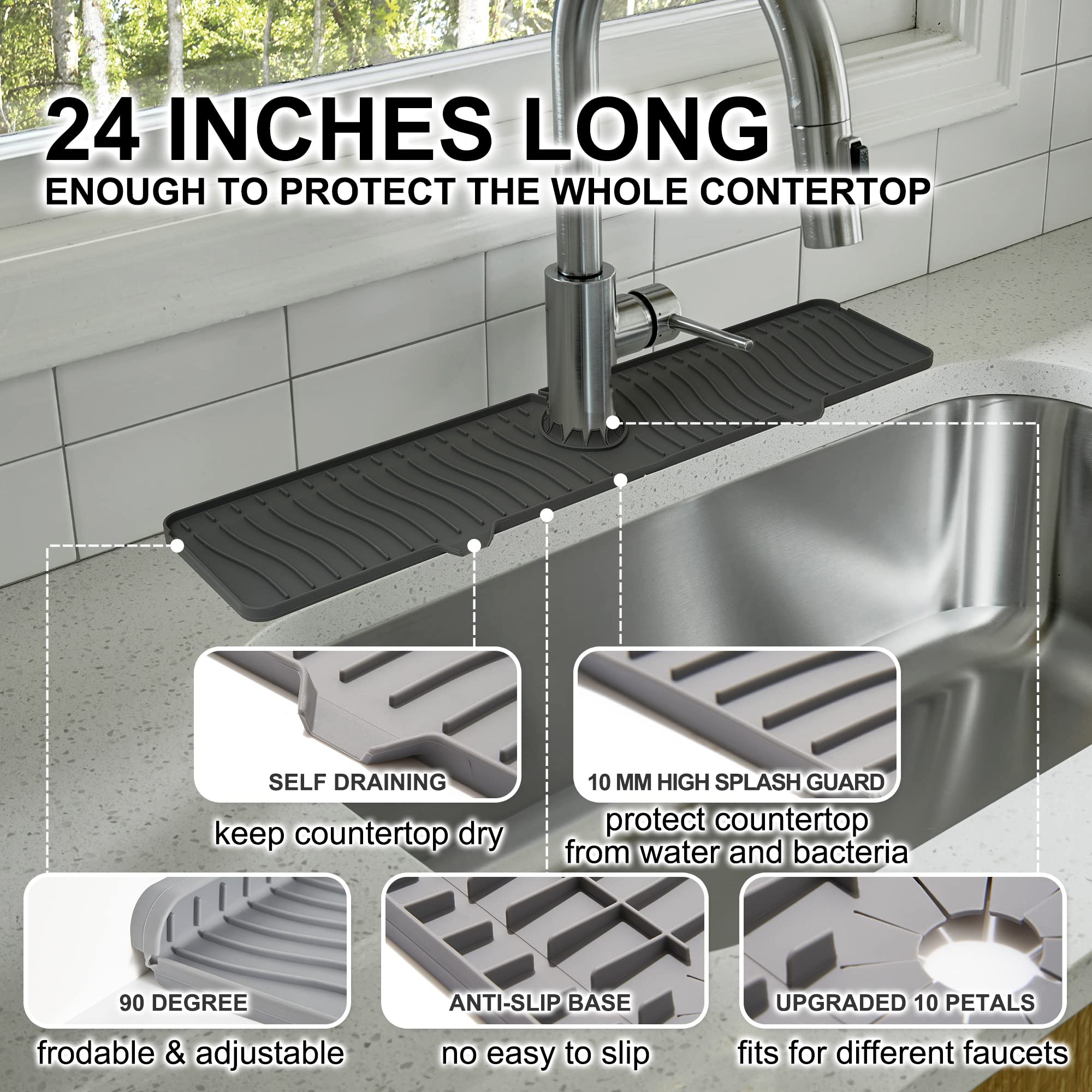 ODRAGO Silicone Kitchen Sink Splash Guard - 24.01 Inch Faucet Mat for kitchen Sink Water - Longer Faucet Handle Drip Catcher Tray-Sink Guard for Kitchen Sink (Grey)