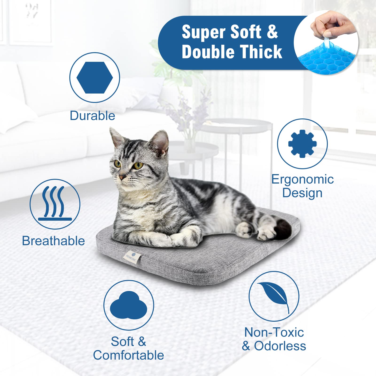 remedic Gel Seat Cushion - Double Thick Incontinence Non-Slip Pad Chair Cushion Breathable Honeycomb Pressure Wheel Design Moisture Proof Machine Washable Fabric Cover Grey