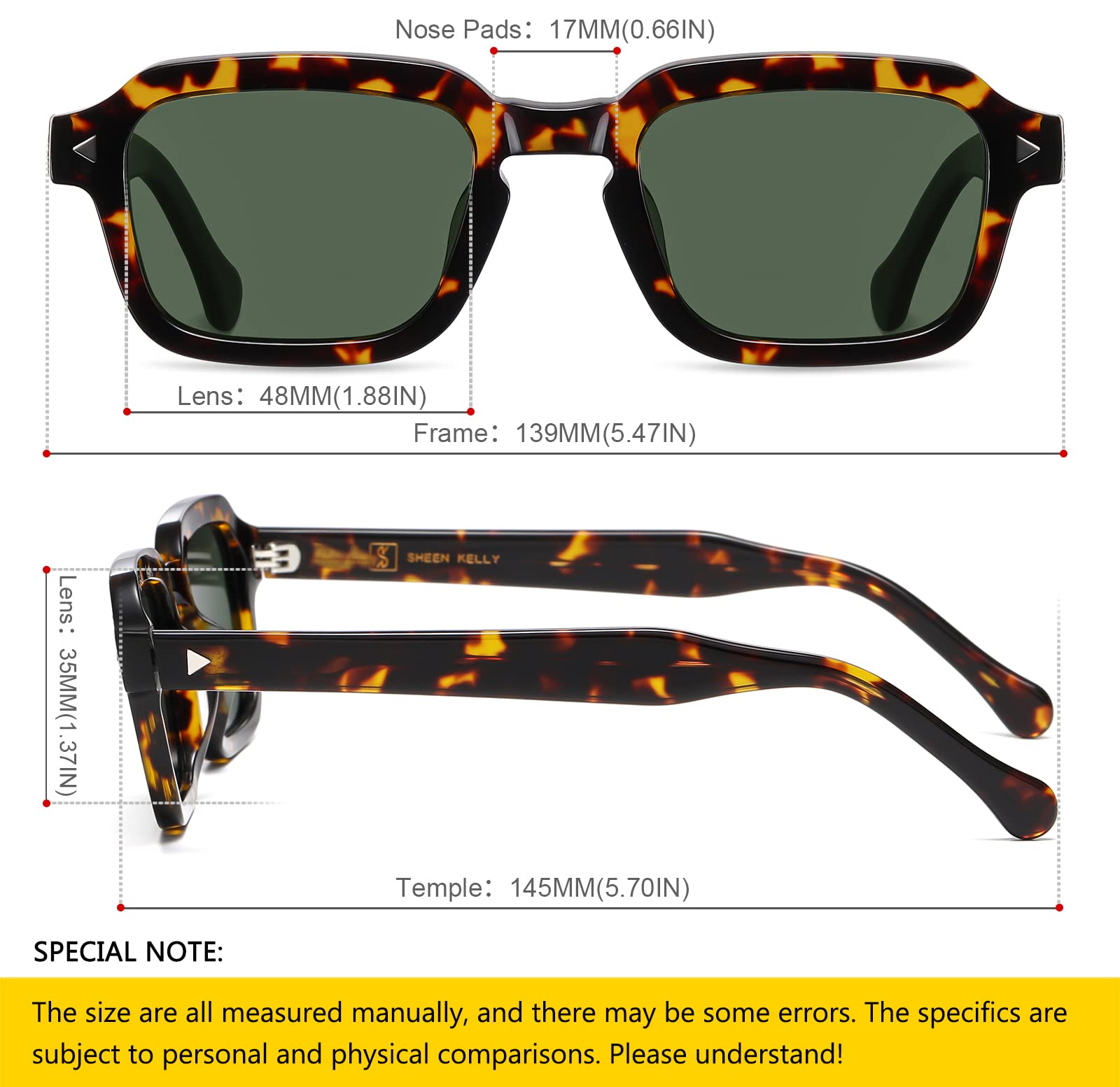 SHEEN KELLY Acetate Polarized Retro Rectangle Sunglasses For Men Women Vintage Square Tinted Shades Sun Glasses