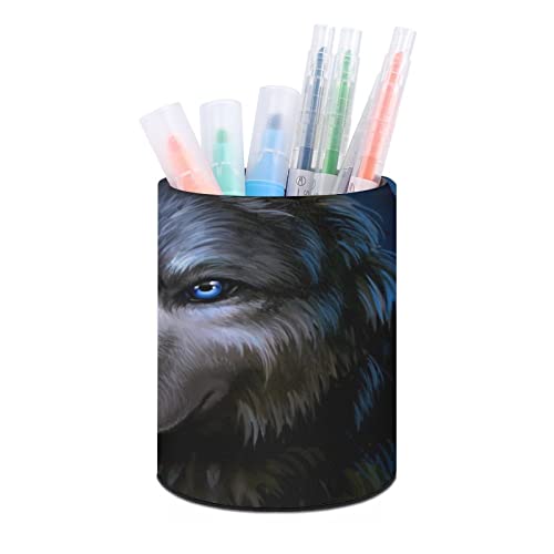 Moon Wolf Pen Holder PU Leather Pencil Cup Cute Desk Organizer Makeup Brush Box for Home Office
