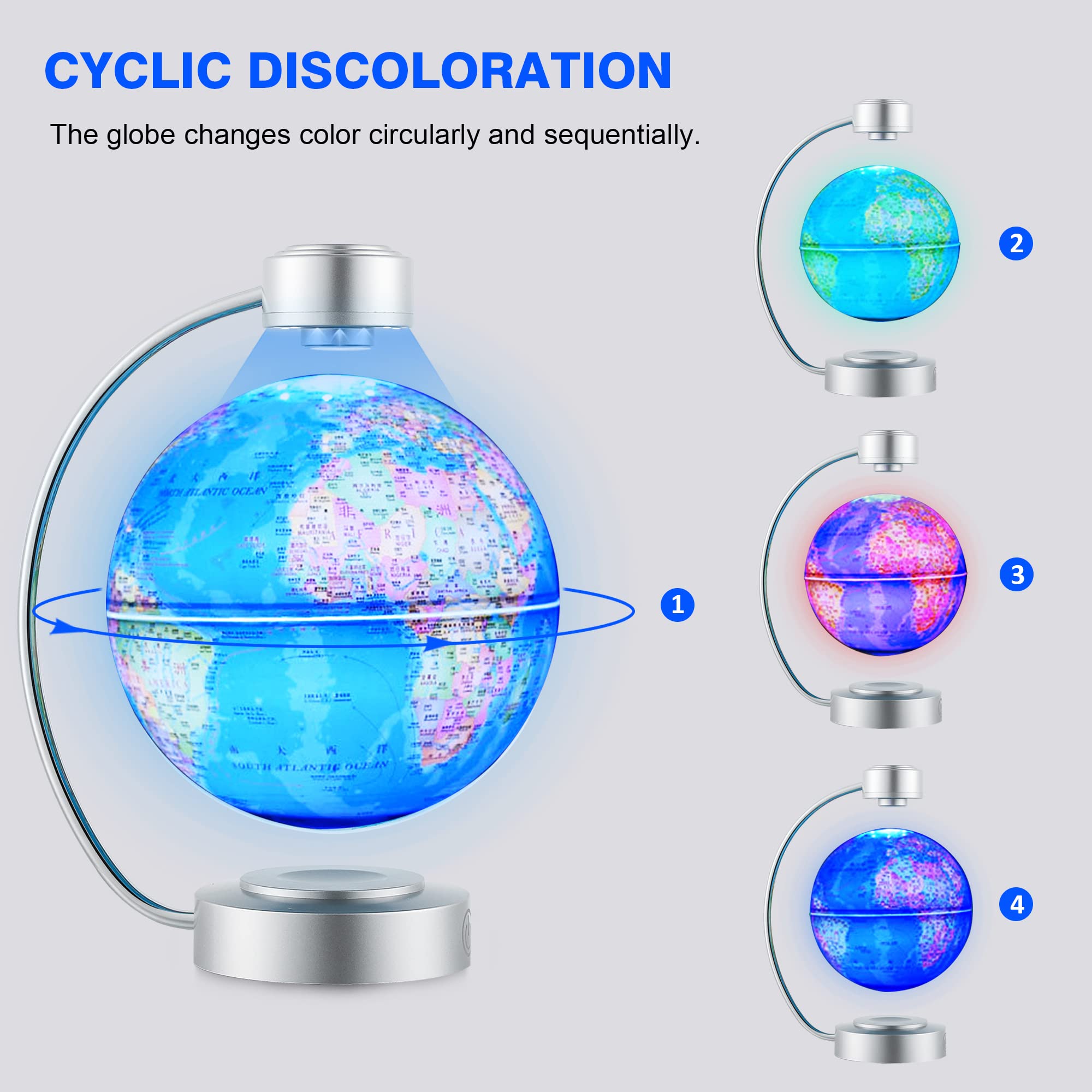 Spolehli Magnetic Levitation Globe, 8 Inch Multi-color Changing Floating Globe, World Map Globe Multi-color, Birthday Halloween Christmas Gifts Present for Women