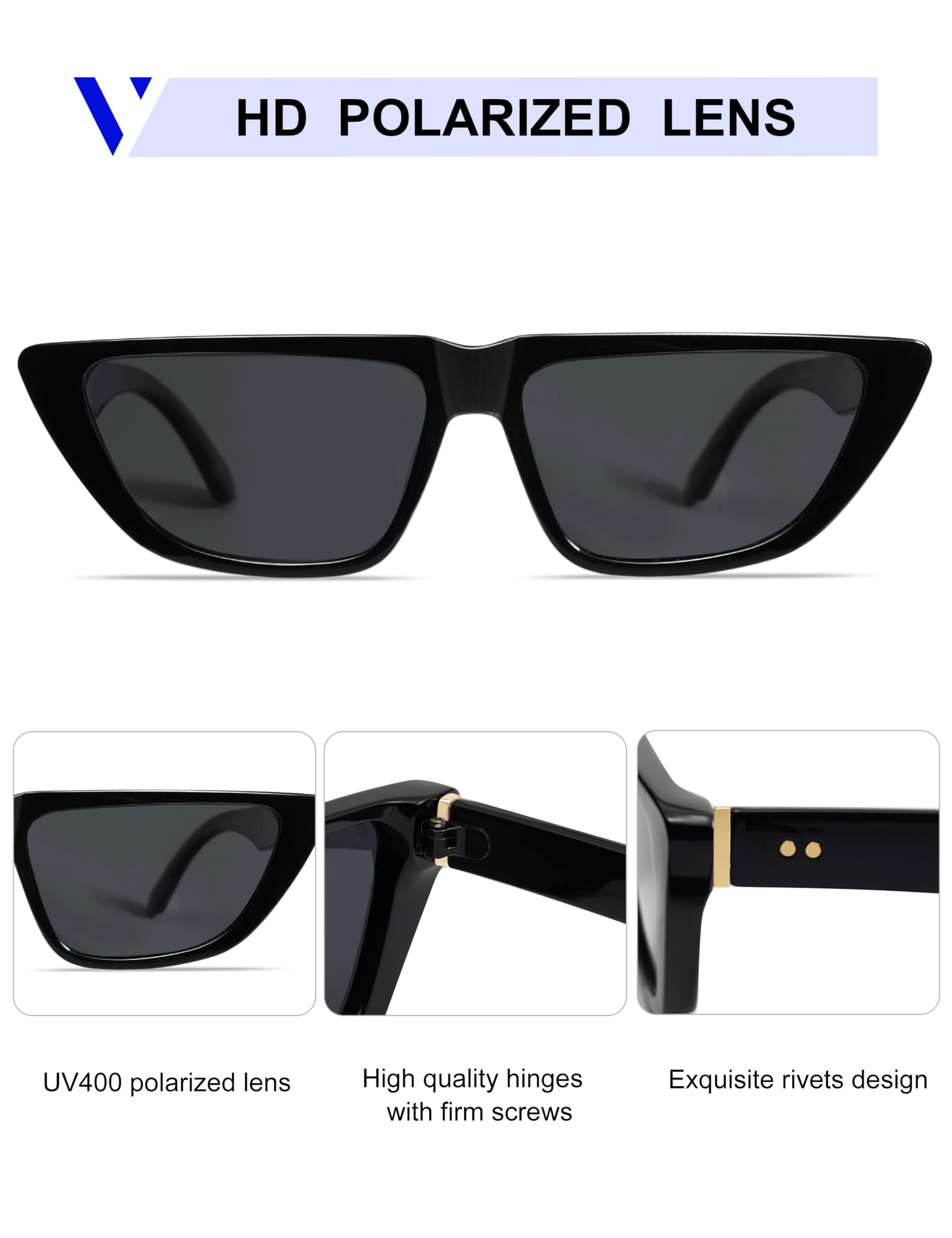 VANLINKER Trendy Polarized Cat Eye Sunglasses for Women Men Retro Square Shade Slim Frame VL9790 Black
