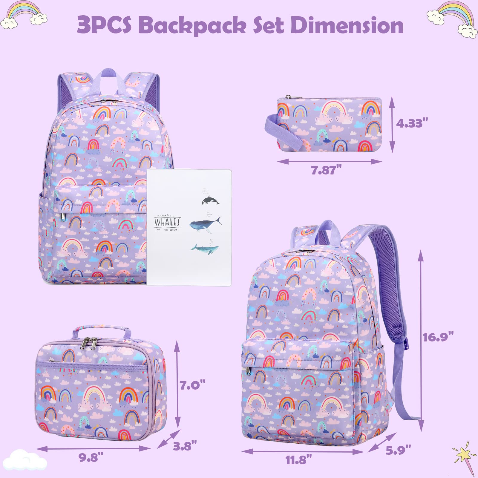 Rainbow Backpack for Girls, 3PCS Rainbow Backpack with Square Lunch Bag & Pencil Case Set for Girls, Large Capacity Kids School Bookbag Set for Preschool Kindergarten Elementary School