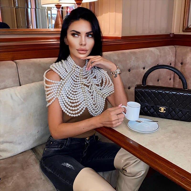 YWCUTECPunk bust chain double shoulder chain pearl party wedding dress accessories for girls and women
