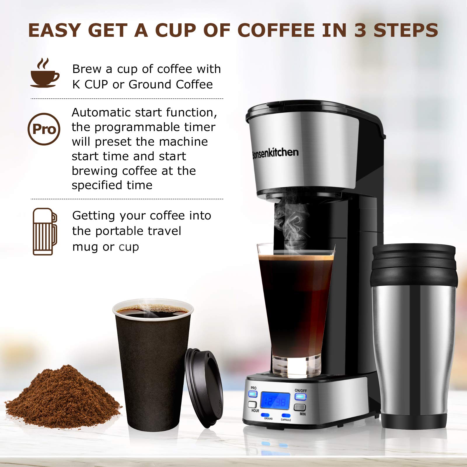 Programmable Single Serve Coffee Makers With Portable Travel Mug Compatible with K Cup Pod & Coffee Ground, Mini 2-In-1 Coffee Machines with Brew Strength Control, Personal Compact Coffee Brewer 14 Oz
