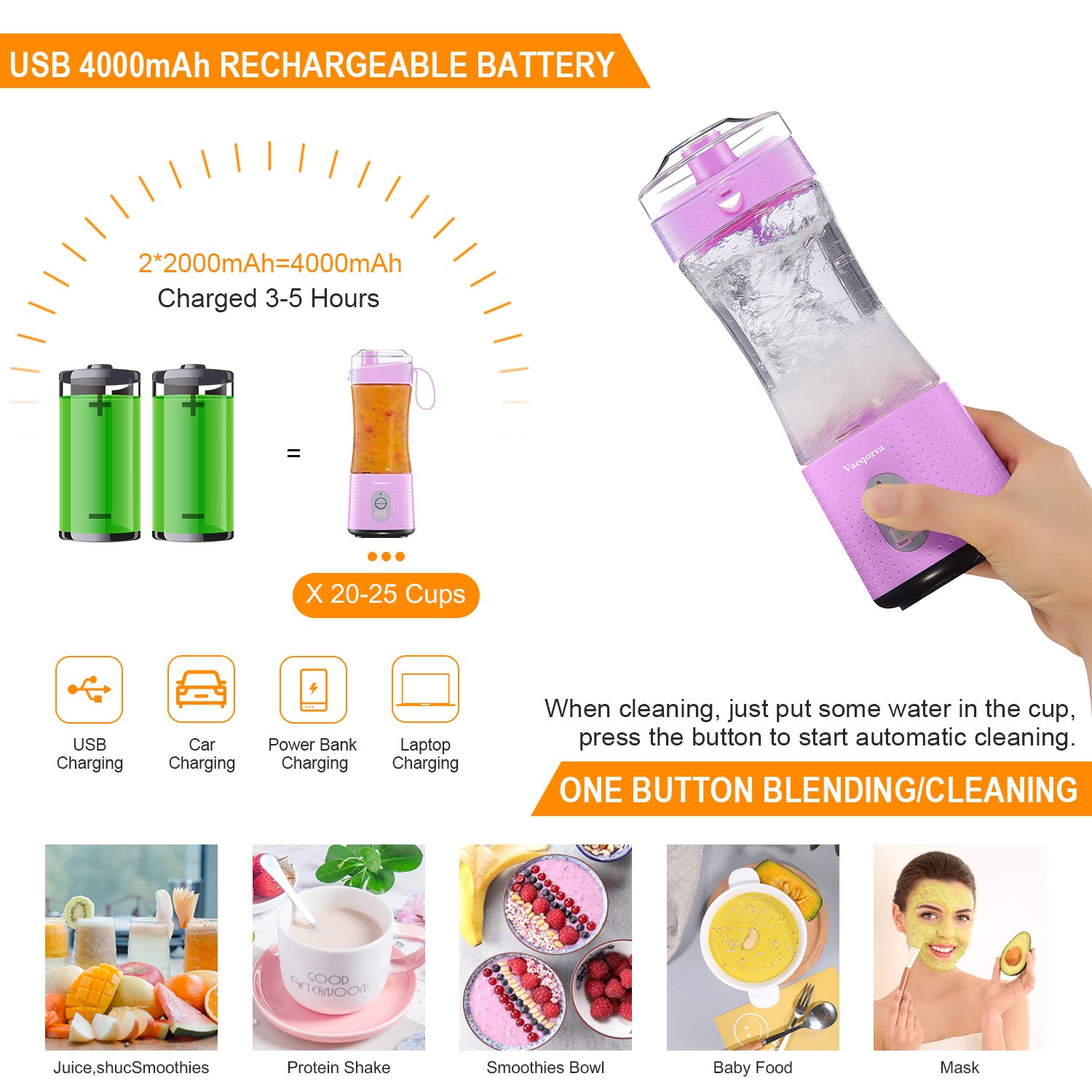 Portable Blender Personal USB Rechargeable Juice Cup for Smoothie and Protein Shakes Mini Handheld Fruit Mixer 13Oz Bottle for Travel Gym Home Office Sports Outdoors Chic Pink