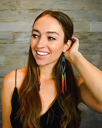 One of a kind Tribal Extra Long Beaded Earrings Handmade (Black Blue Fire)