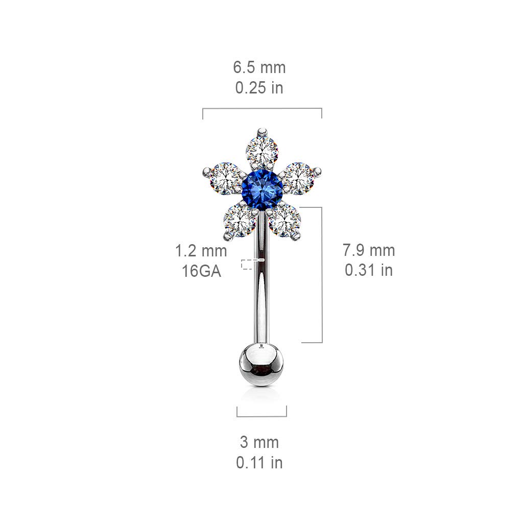 MoBody 16G Double Tiered 6 CZ Flower Top Curved Eyebrow Barbell Surgical Steel Body Piercing Eyebrow Ring (Clear/AB)