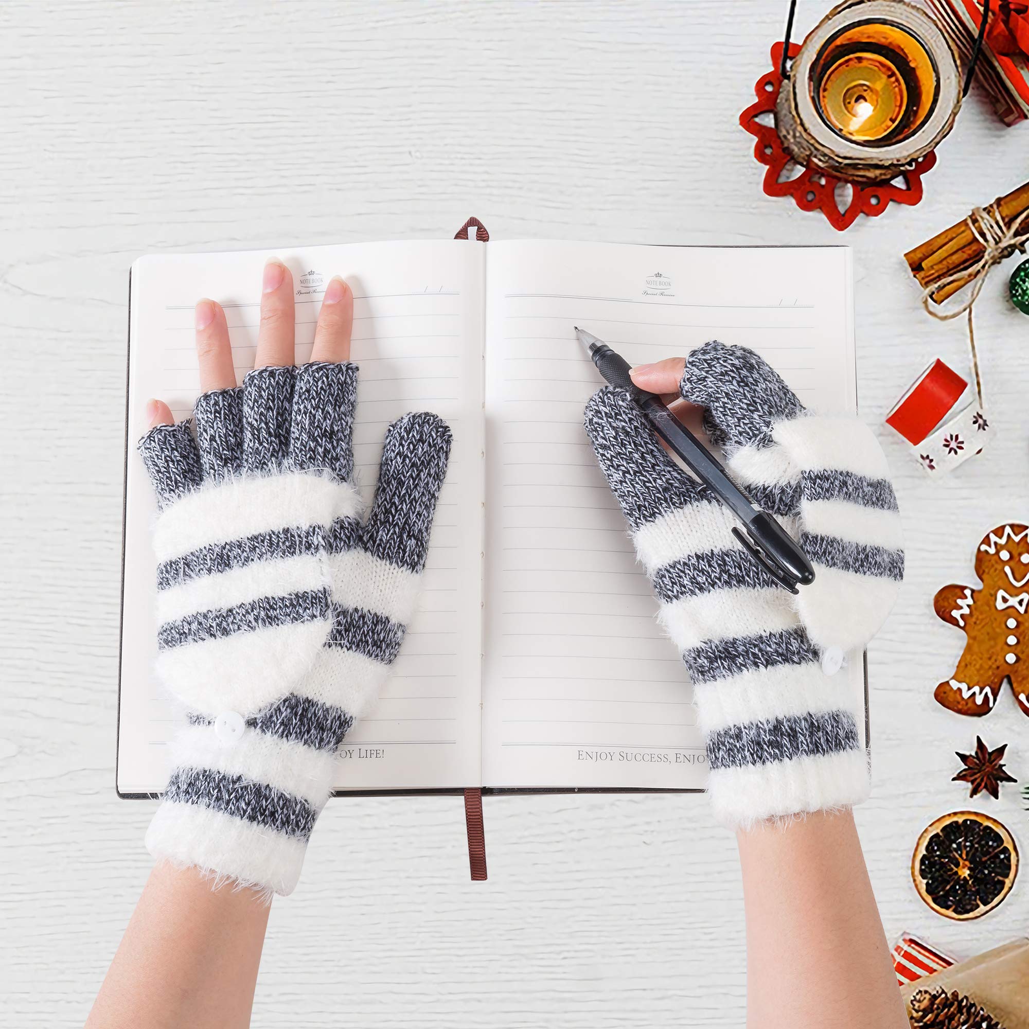 REACH STAR Winter Knitted Convertible Fingerless Gloves Warm Mitten Glove for Women Half Finger Flip Top Thermal Texting(Black)