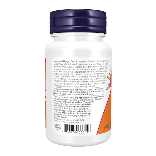 NOW Supplements, Mega D-3 & MK-7 with Vitamins D-3 & K-2, 5,000 IU/180 mcg, Bone & Cardiovascular Support*, 60 Veg Capsules
