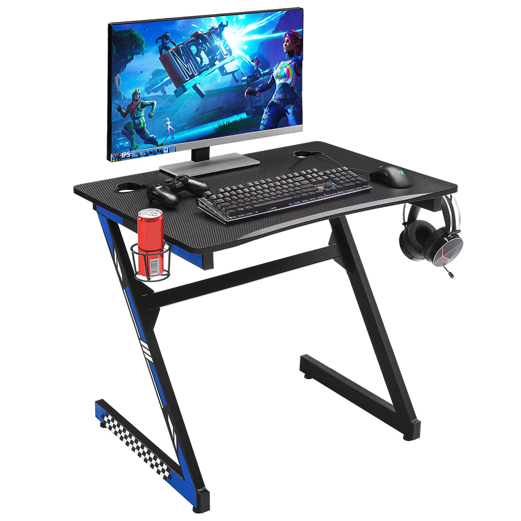Mr IRONSTONE 31.5" Gaming Desk PC Computer Desk Home Office Student Table for Small Space Z-Shaped with Cup & Headphone Holder and 2 Cable Management Holes (Blue)