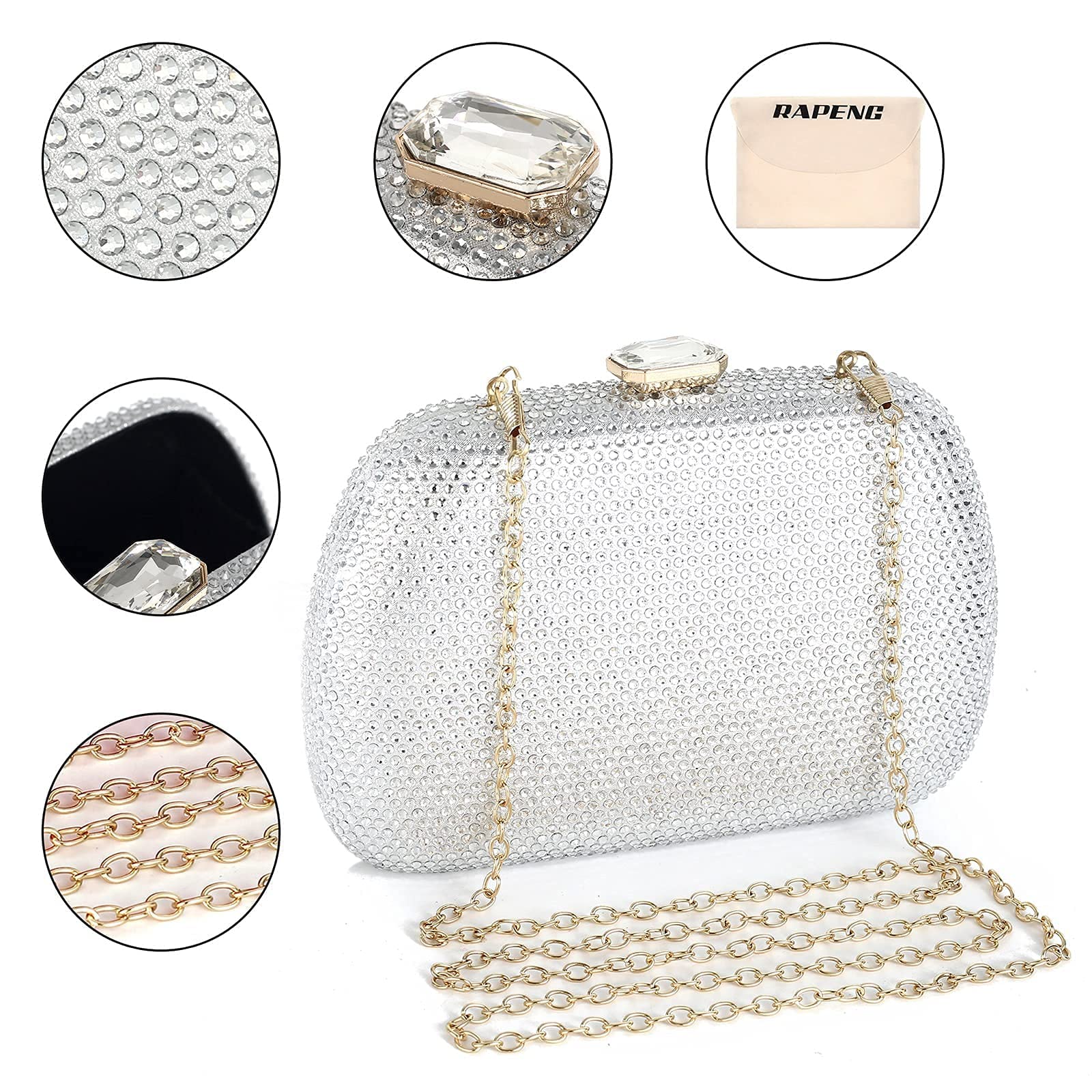 RAPENG Women's Evening Bag Rhinestones Glitter Clutch Wedding Bridal Purse Sparkle Cocktail Party Prom Handbag (silver)