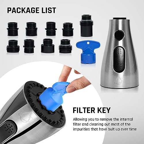 Pull Down Kitchen Faucet Head Replacement Parts - Kitchen Faucet Sprayer Head For Moen, Delta- American Standard - Sink Faucet Head With 9 Nozzels - 3 Functions Spray Head Spiral (Brushed Nickel)
