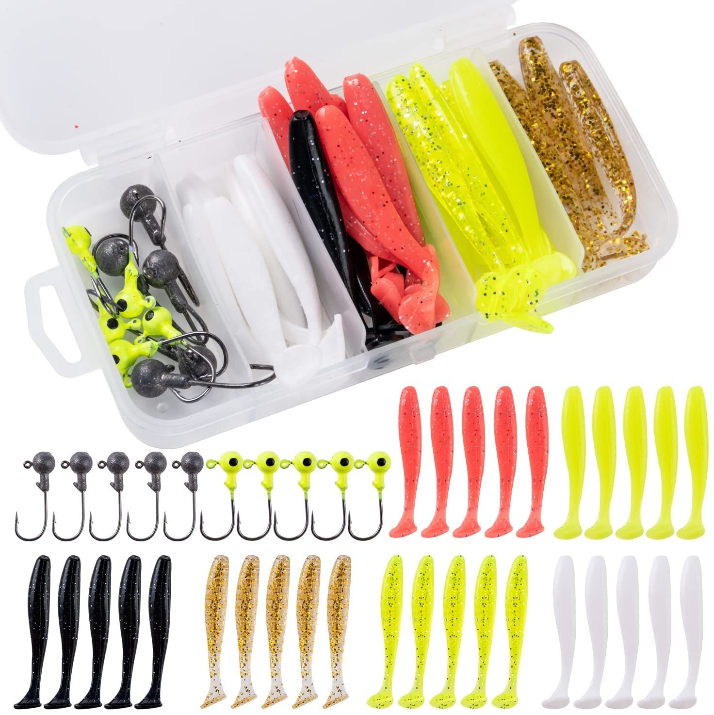 True Tropic Fishing Jig Head and Soft Lure Paddle Tail Set 40 PCS with Tackle Box, Salt and Freshwater Jigs, Yellow