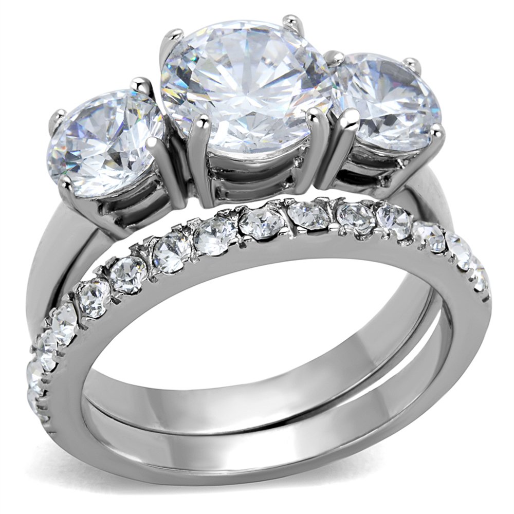 Marimor Jewelry Stainless Steel 4.17 Carat Round Cut 3 Stone Engagement and Wedding Ring Set Size 5