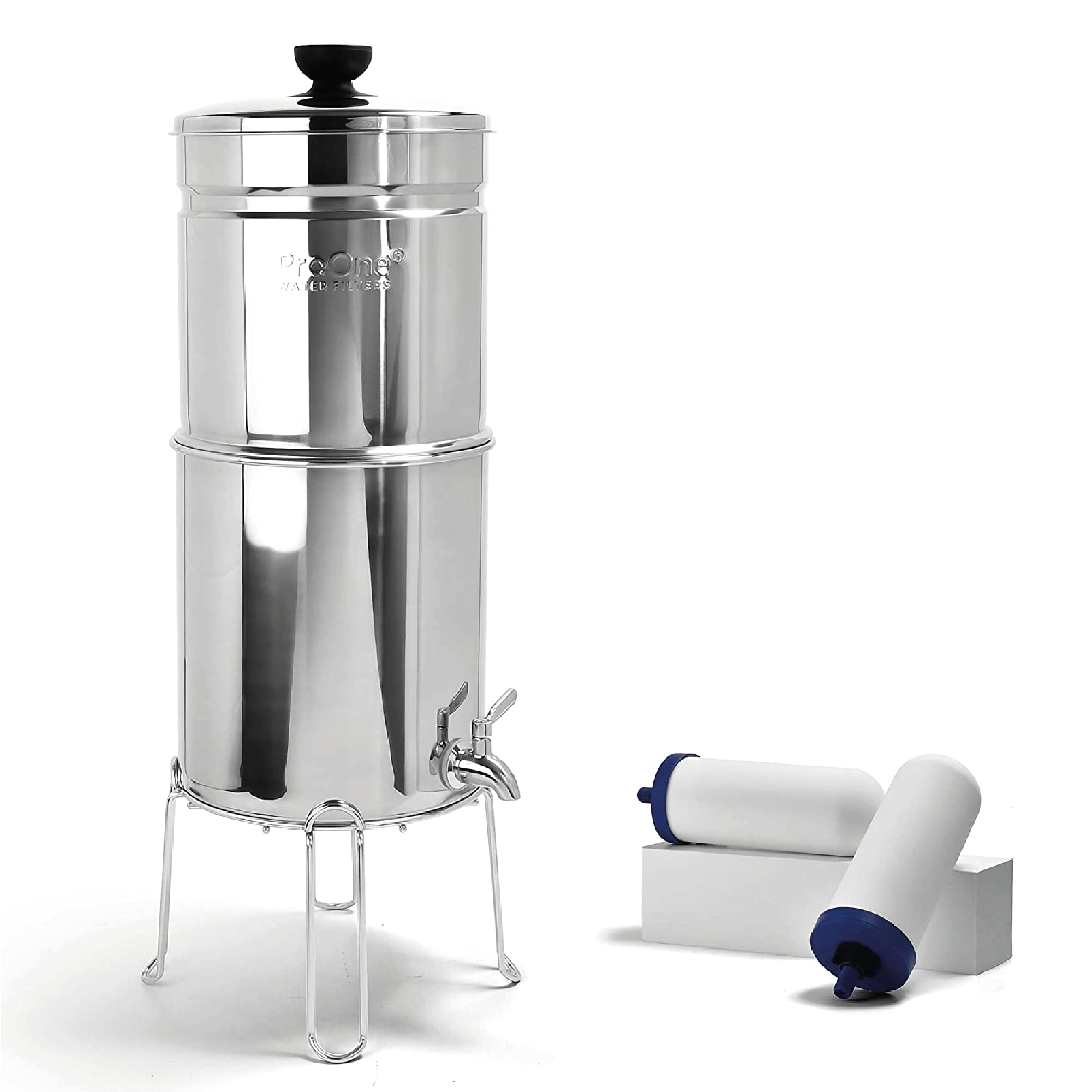 ProOne Traveler+ Stainless-Steel Gravity Water-Filter System, 2.25-Gallon Water Capacity, Countertop Water Dispenser for Home and Travel with Two 7-Inch Filter and Wire Stand