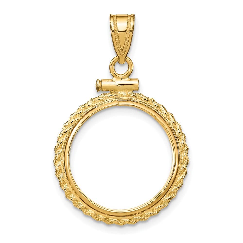 Roy Rose Jewelry Gold Coin Pendant Mounting - 16.5mm Coin Size - Casted Rope Design Frame - 14K Yellow Gold - Screw Top with Bail