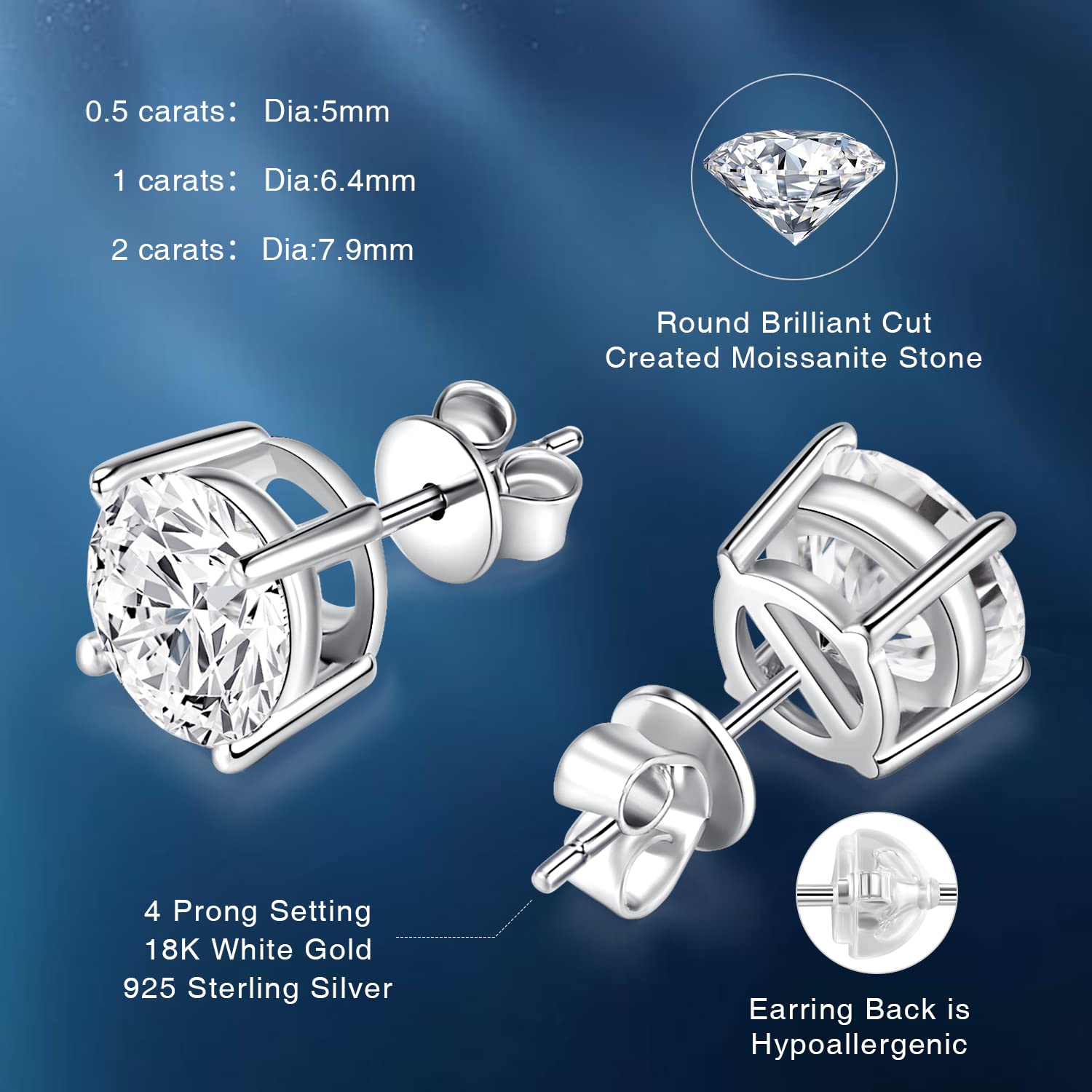 PN Moissanite Stud Earrings, 0.5ct-2ct DF Color Brilliant Round Cut Lab Created Diamond Earrings