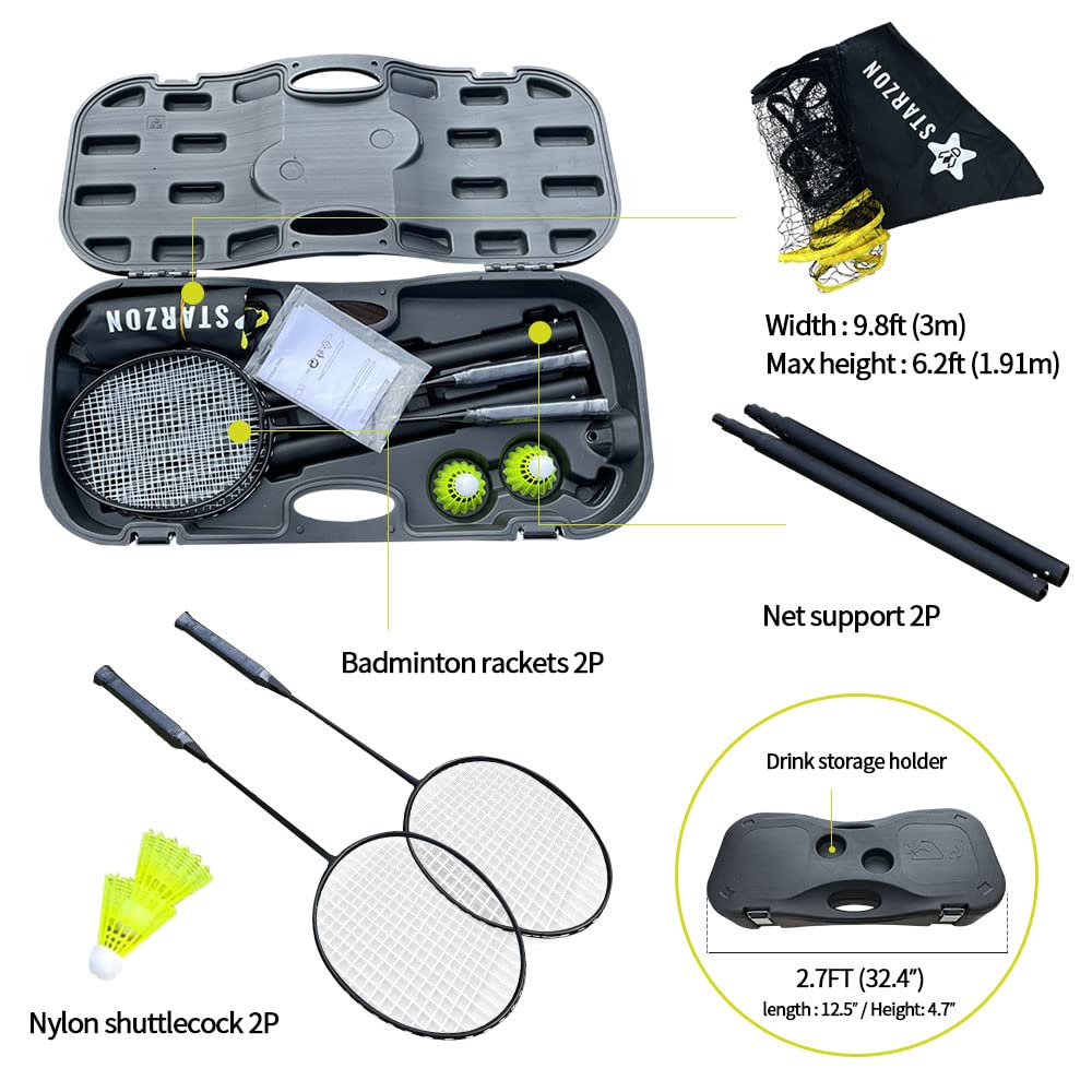 Starzon Tennis Badminton Net Full-Set, Portable Net(9.8ft x 6.2Ft), 2Rackets, 2Nylon Shuttlecocks, Net Case All Included - Pickleball, Kids Volleyball - Complete Outdoor Badminton Kit
