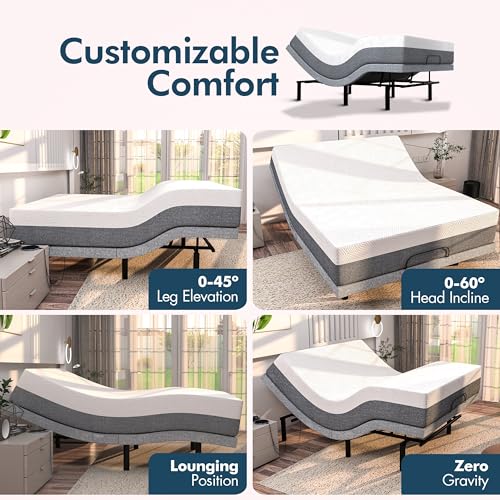 Renanim Adjustable King Bed Frame with Remote - Electric Dual Massage, USB Ports, Under Bed Light, Zero Gravity, App Control, Anti Snore, Head/Foot Incline β King Adjustable Bed Base