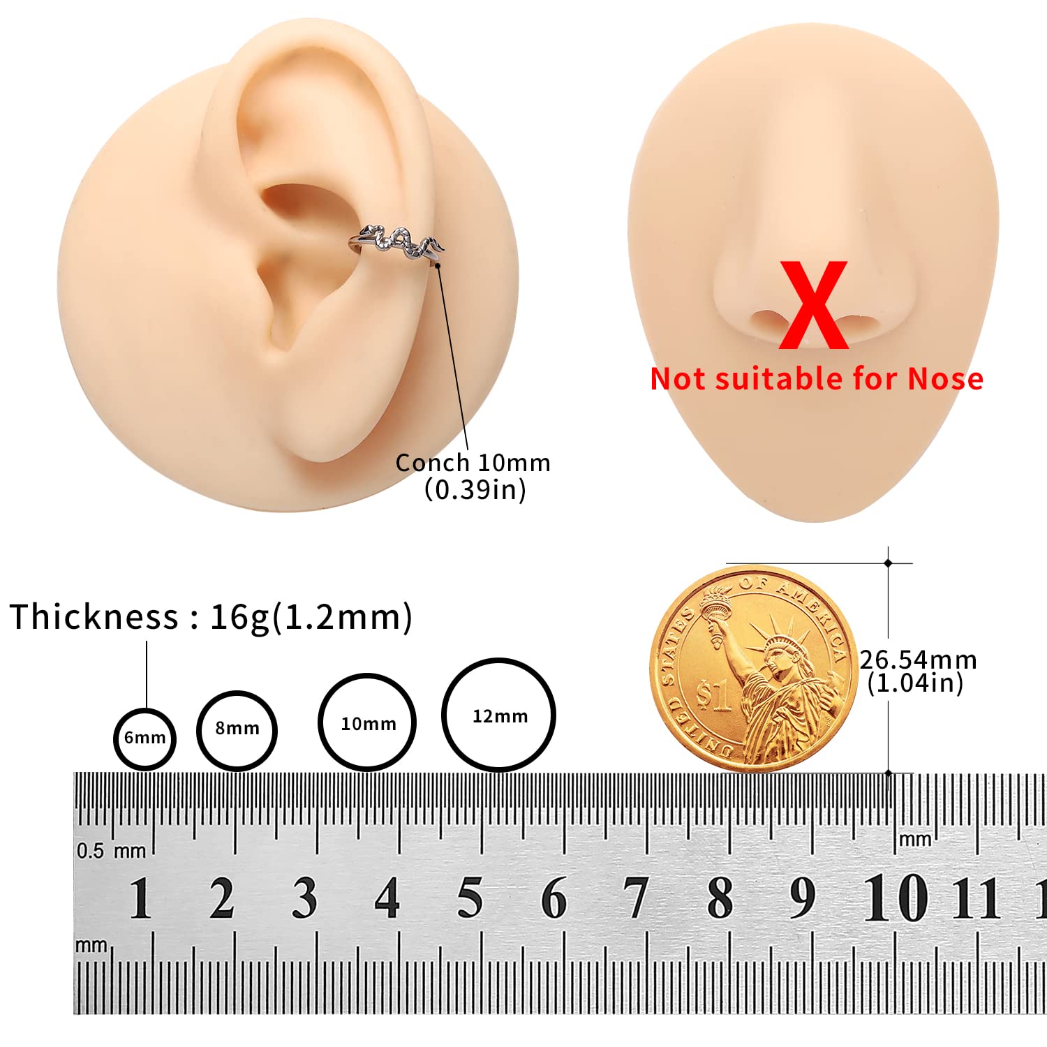VOJO G23 Titanium 16G Cartilage Helix Earrings Threaded Flat Back Tragus Labret Nose Studs Medusa Piercing Jewelry (16G 10mm, Silver)