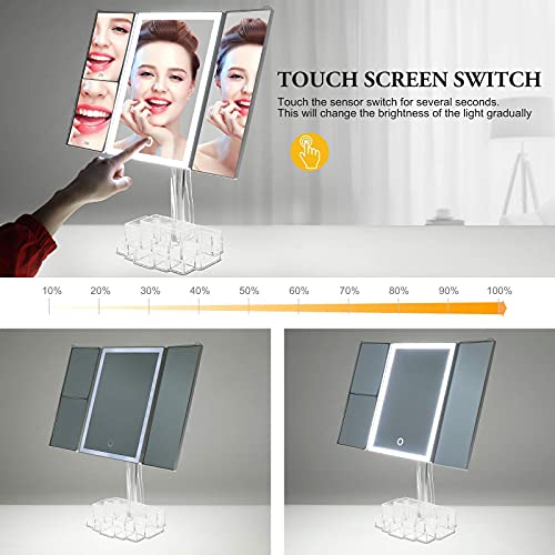 ProYankiot Makeup Mirror Vanity Mirror with Lights,Trifold Lighted Vanity Mirror with 38 LED Lights and Storage 3X/2X/1X Magnification, Touch Screen Switch, 90 Degree Rotation,White