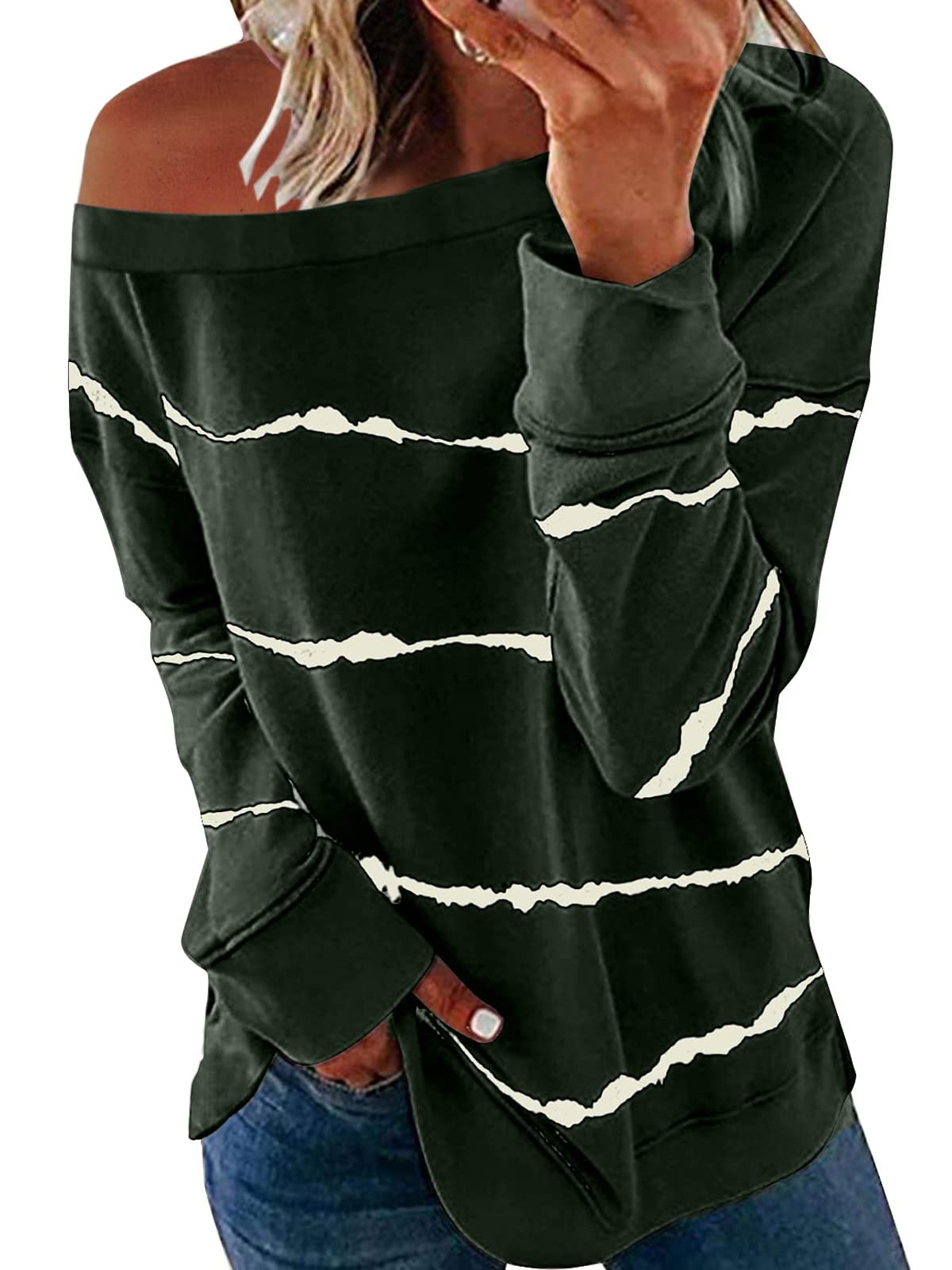 SENFURE Crewneck Sweatshirt for Women Striped Graphic Print Sweatshirt Fashion Pullover Outer, Army, Large
