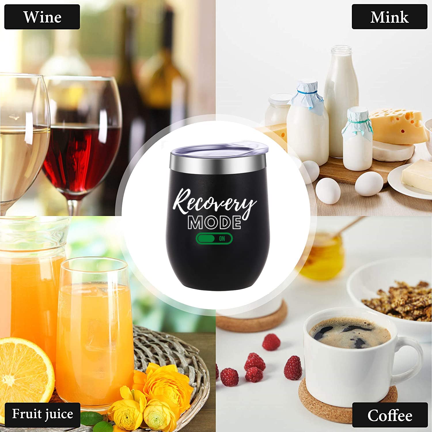 Recovery Mode On 12 OZ Insulated Wine Tumbler,Post Surgery Positive Motivational Gift Idea for Friend With Cancer Mug, With Lid,Custom Personalized Stainless Steel Cup(Black)