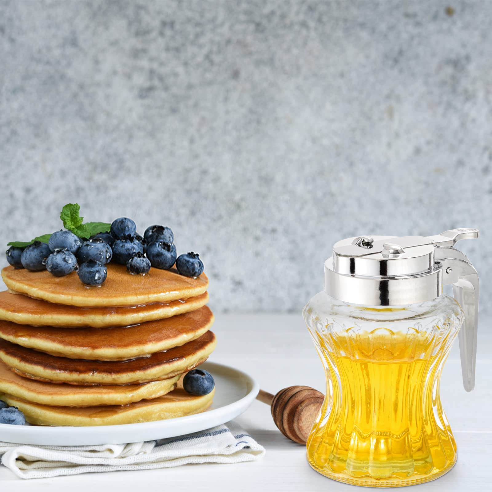 Mezchi 4 Pack Glass Syrup Dispenser, 6.5oz Maple Syrup Dispenser Holder with Retracting Spout, No Drip Honey Pot Containers Jar, Syrup Pour Bottle for Creamer