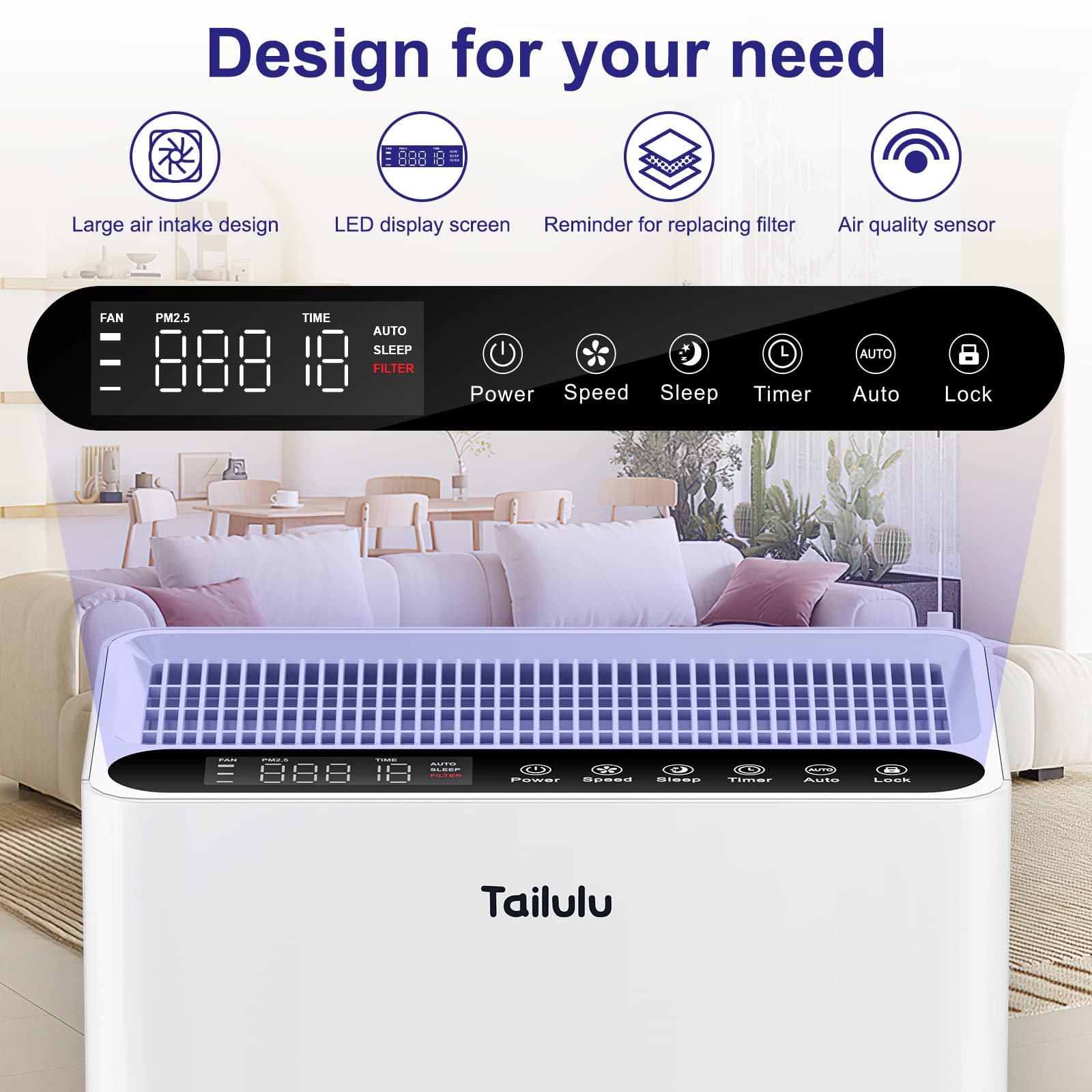 Tailulu Air Purifiers for Home Large Room Pets up to 1740 ft², H13 HEPA Air Purifier for Pet Dander Smoke Odor Dust Pollen