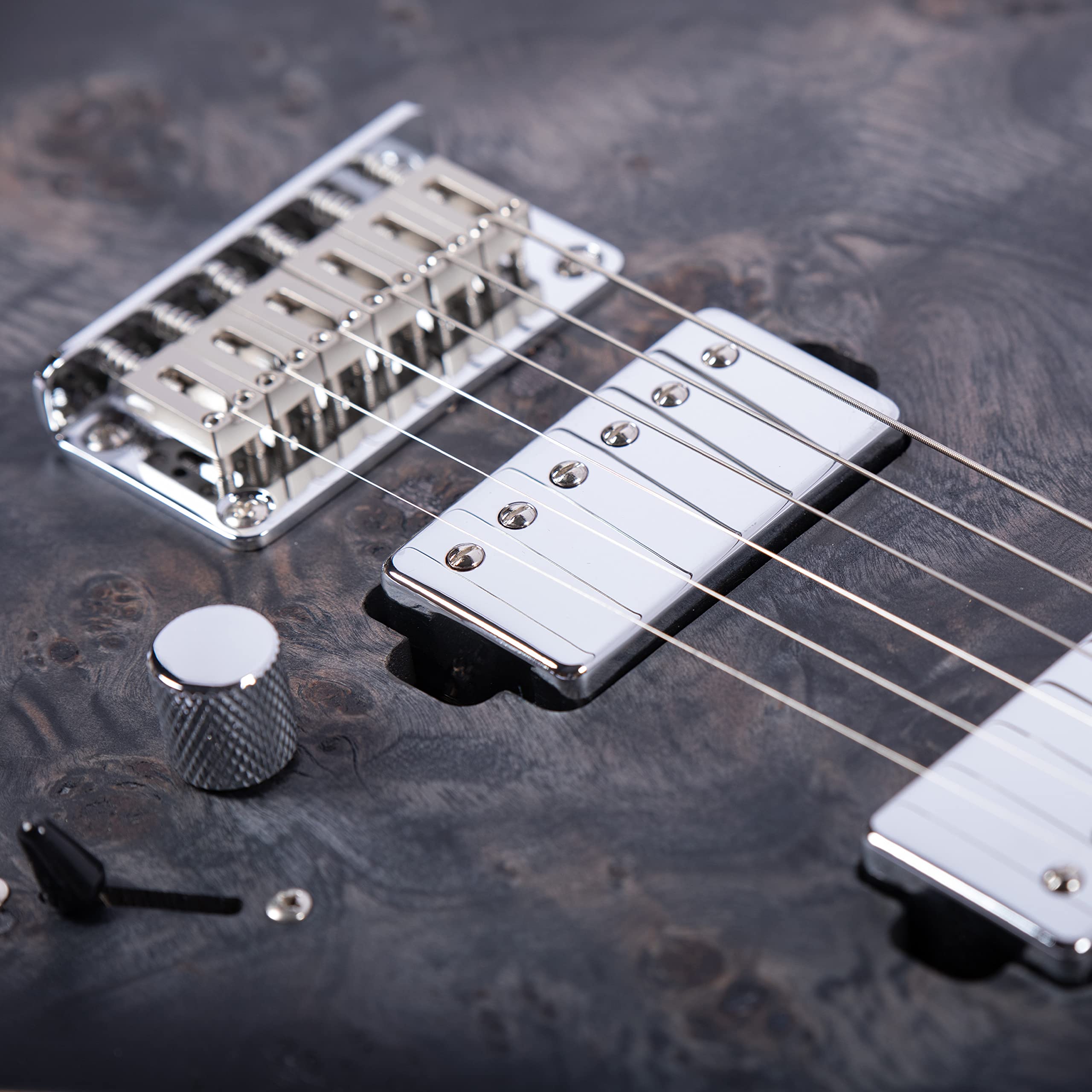 Volgoa VTL-2 Solid Body 6 String Electric Guitar, Roasted Maple Neck, Mahogany Body, Matte Burl Figure Veneer, and Coil Splitting Pickup (Black)
