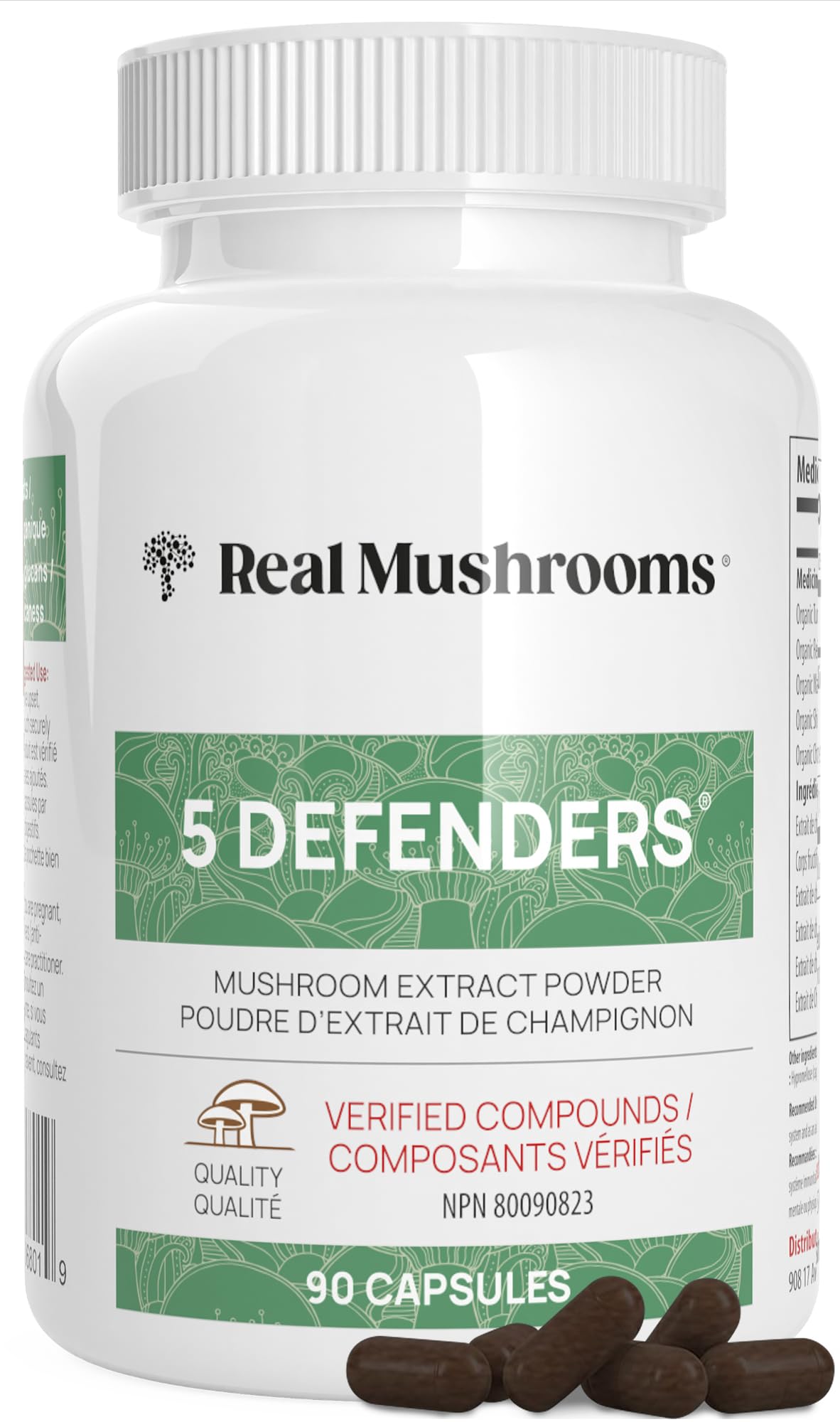 Real Mushrooms 5 Defenders Capsules - Organic Mushroom Extract w/ Chaga, Shiitake, Maitake, Turkey Tail, & Reishi - Mushroom Supplement - Vegan, Non-GMO, 90 Caps