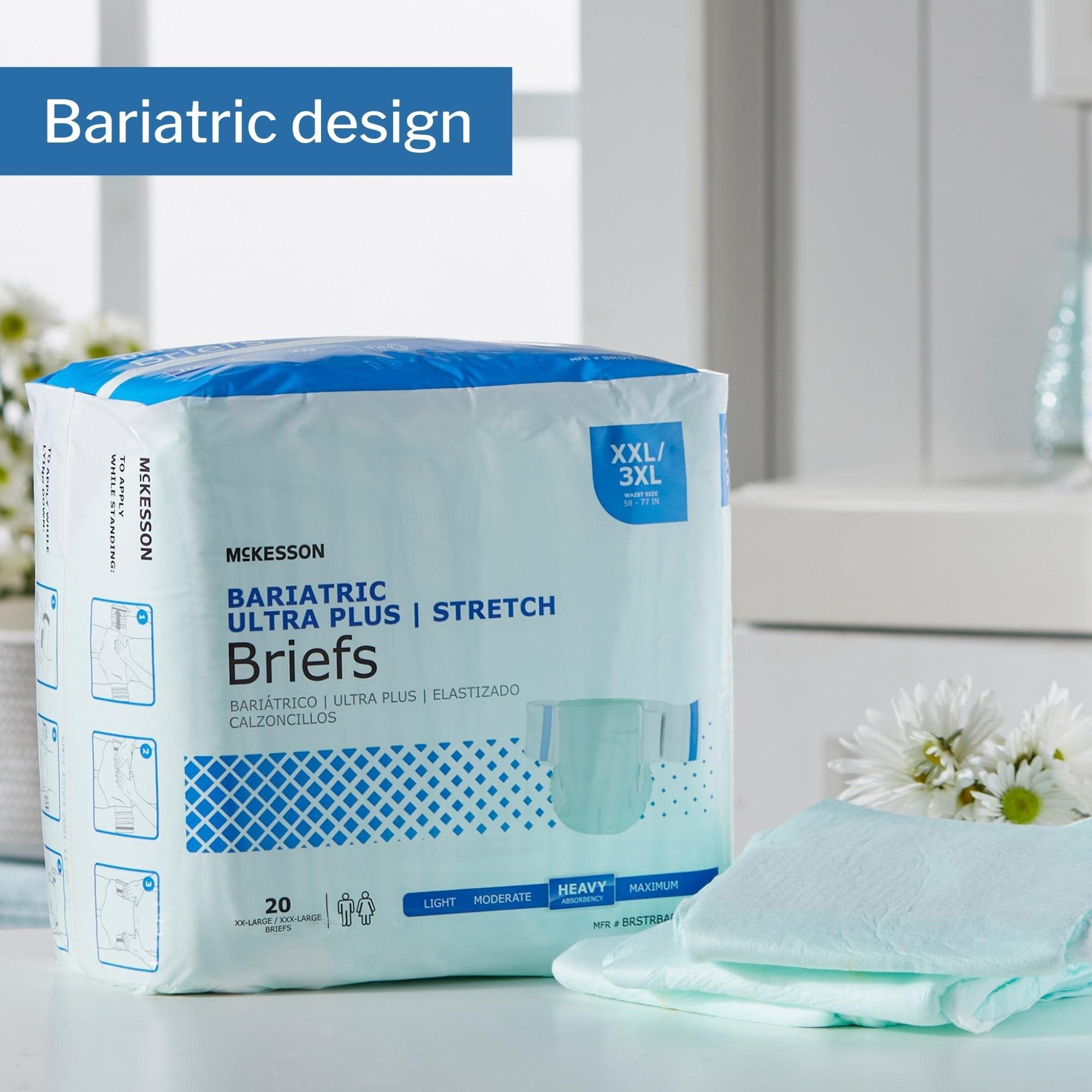 McKesson Bariatric Ultra Plus Stretch Briefs, Incontinence, Adult Unisex, Heavy Absorbency, 2XL / 3XL, 20 Count, 4 Packs, 80 Total