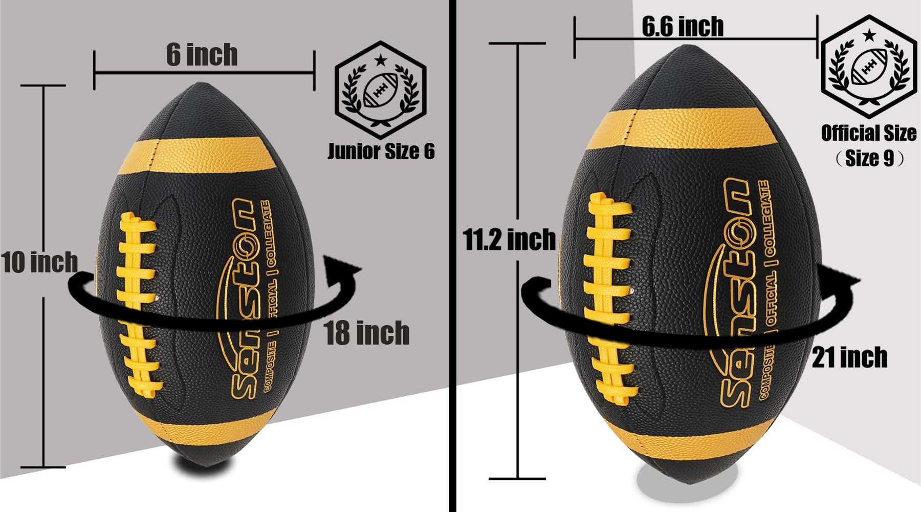 Senston Football Size 6/ Premium Composite Leather Kids/Junior/Youth Football with Pump - Black