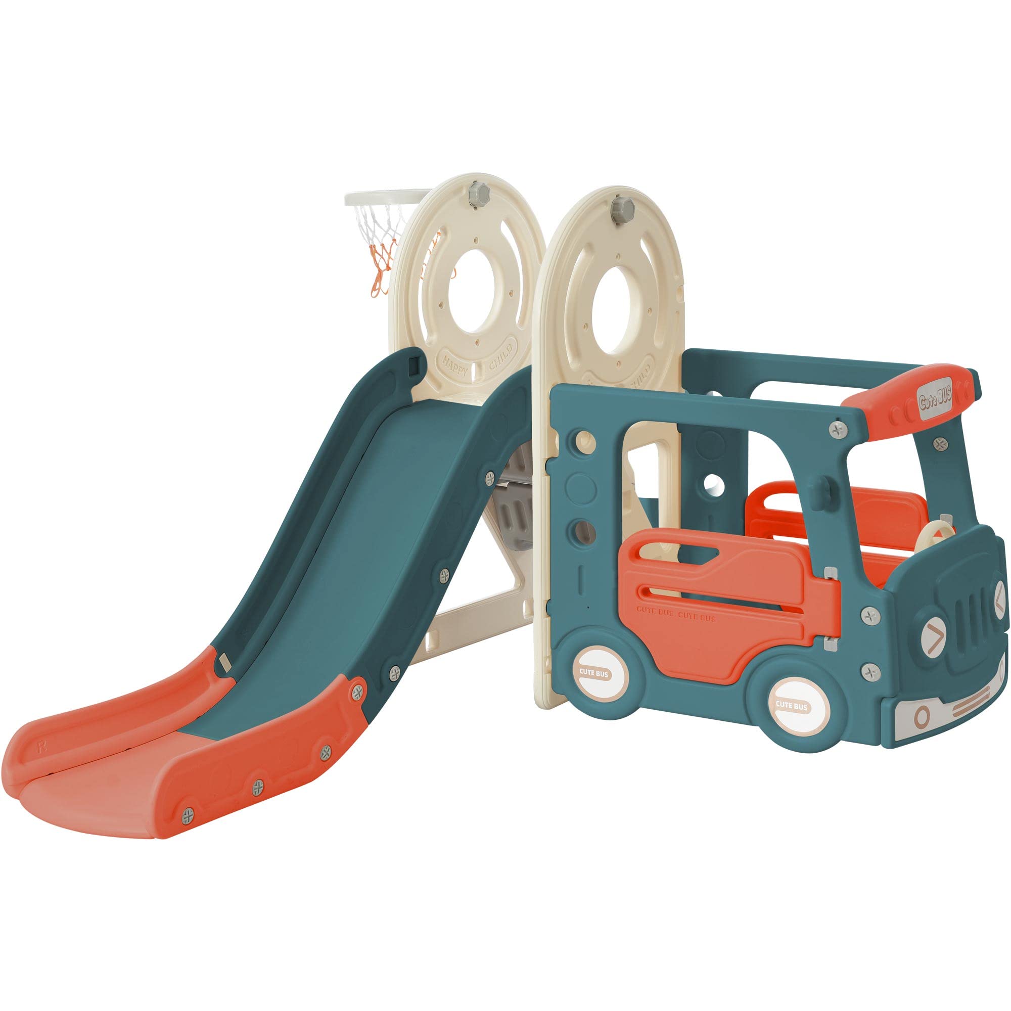 Veemuaro 4 in 1 Slide for Kids, Toddler Slide with Bus Play Structure, Freestanding Slide Set with Climber and Basketball Hoop, Toddler Playground Indoor Outdoor (Red)