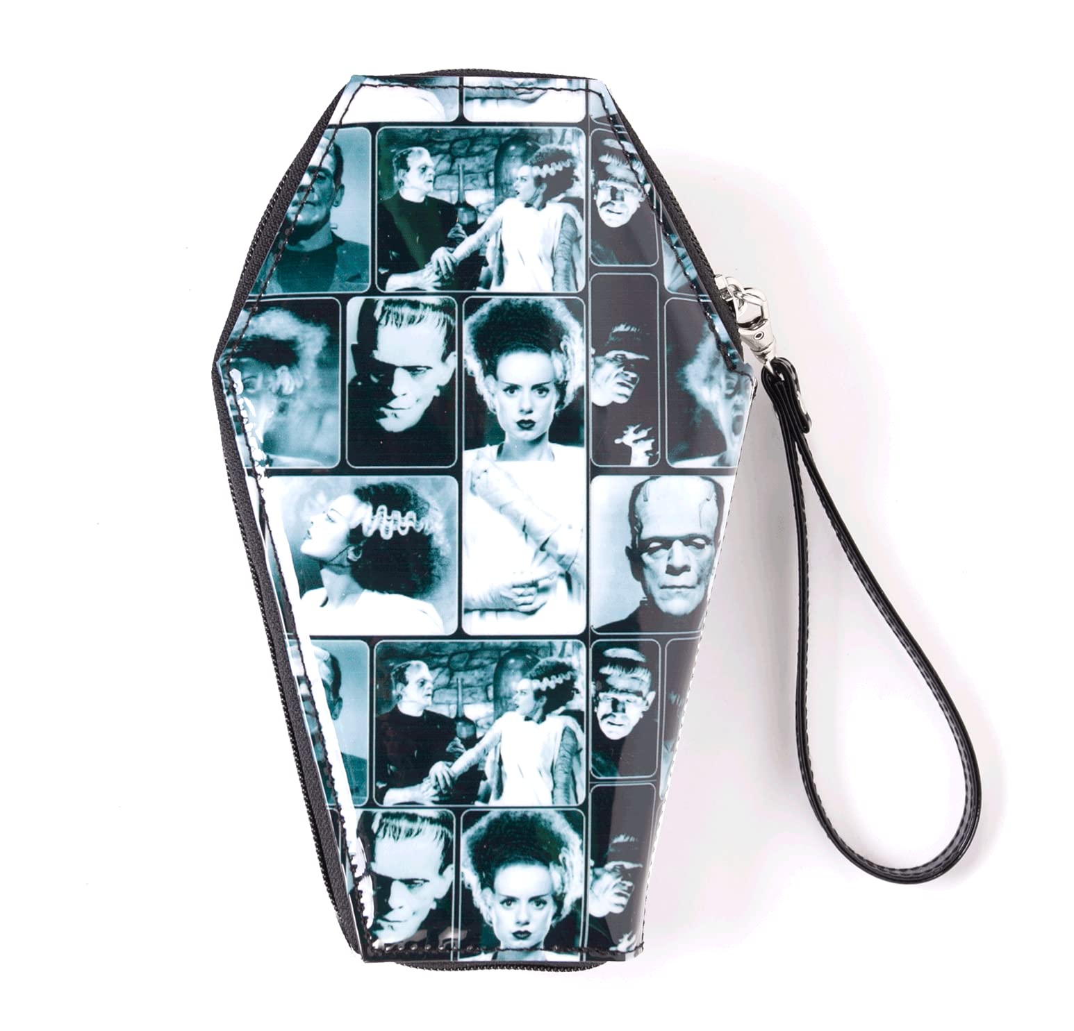 Universal Monsters Frankenstein and Bride Tiled Movie Scenes Zip Around Coffin Wallet Women’s Wristlet Clutch