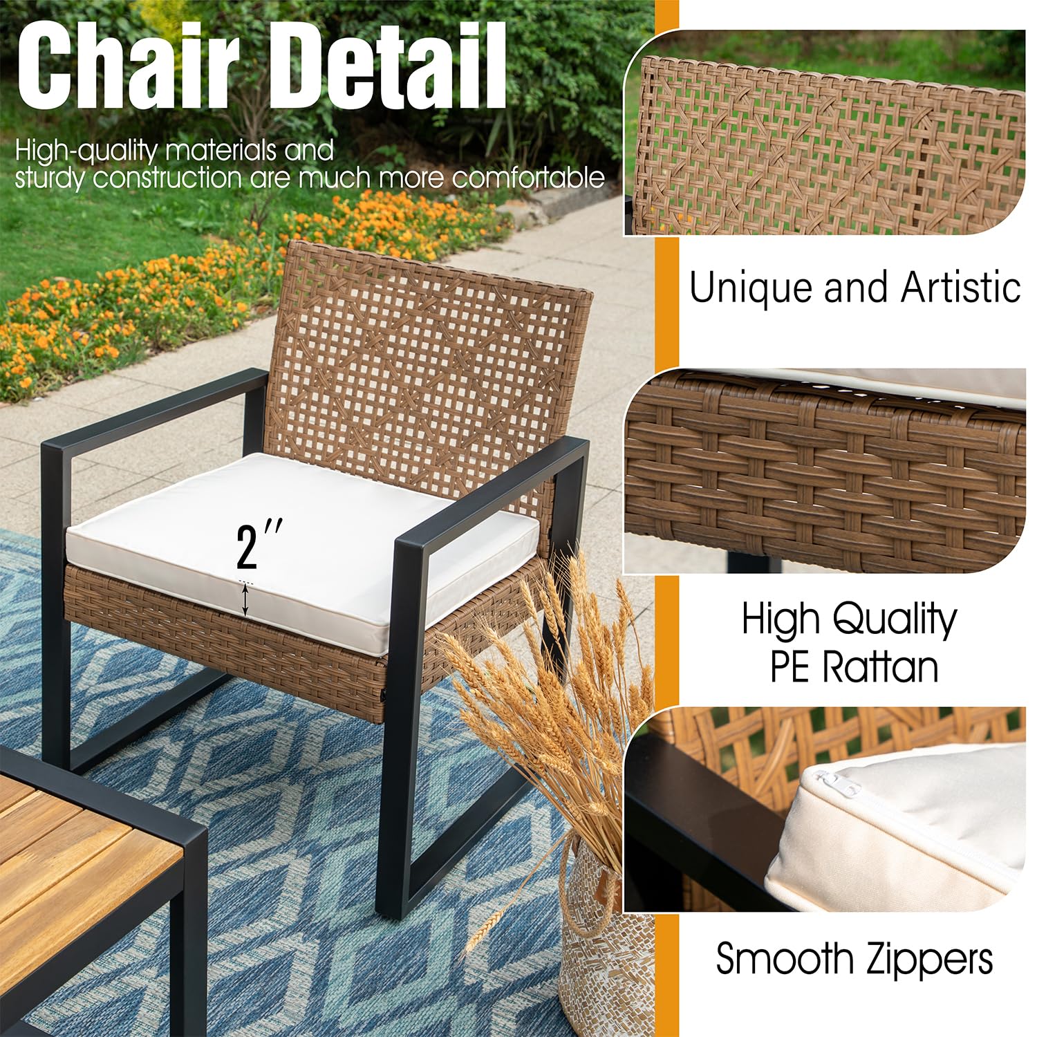 MFSTUDIO 4-Piece Patio Wicker Furniture Set, Outdoor Rattan Conversation Sofa Set for Small Spaces with Rattan Loveseat and Chairs, Solid Wood Table, Soft Beige Cushions, Backyard, Porch