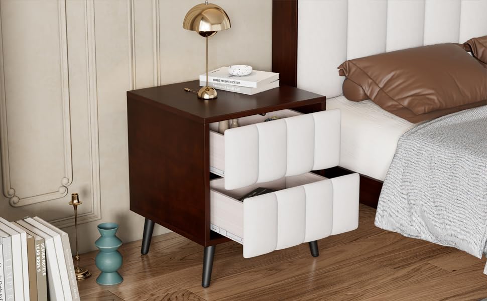 Modern Nightstand with 2 Drawers,Wood+Linen Bedside Table with Classic Design,Side Table for Bedroom,Living Room(Walnut+Beige)