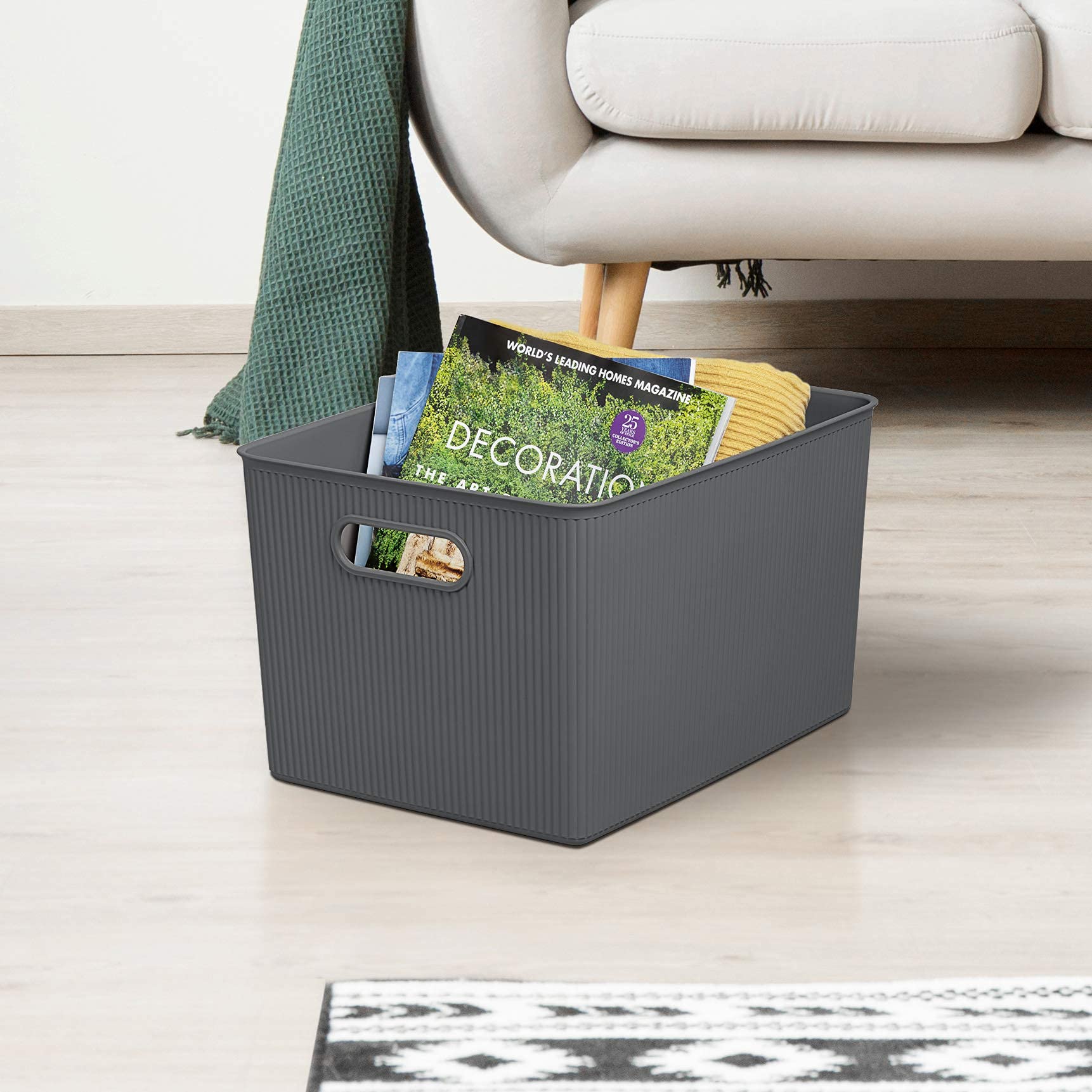 Superio Ribbed Collection - Decorative Plastic Lidded Home Storage Bins Organizer Baskets, X-Large Grey (1 Pack - 22 Liter) Stackable Container Box, for Organizing Closet Shelves Drawer Shelf