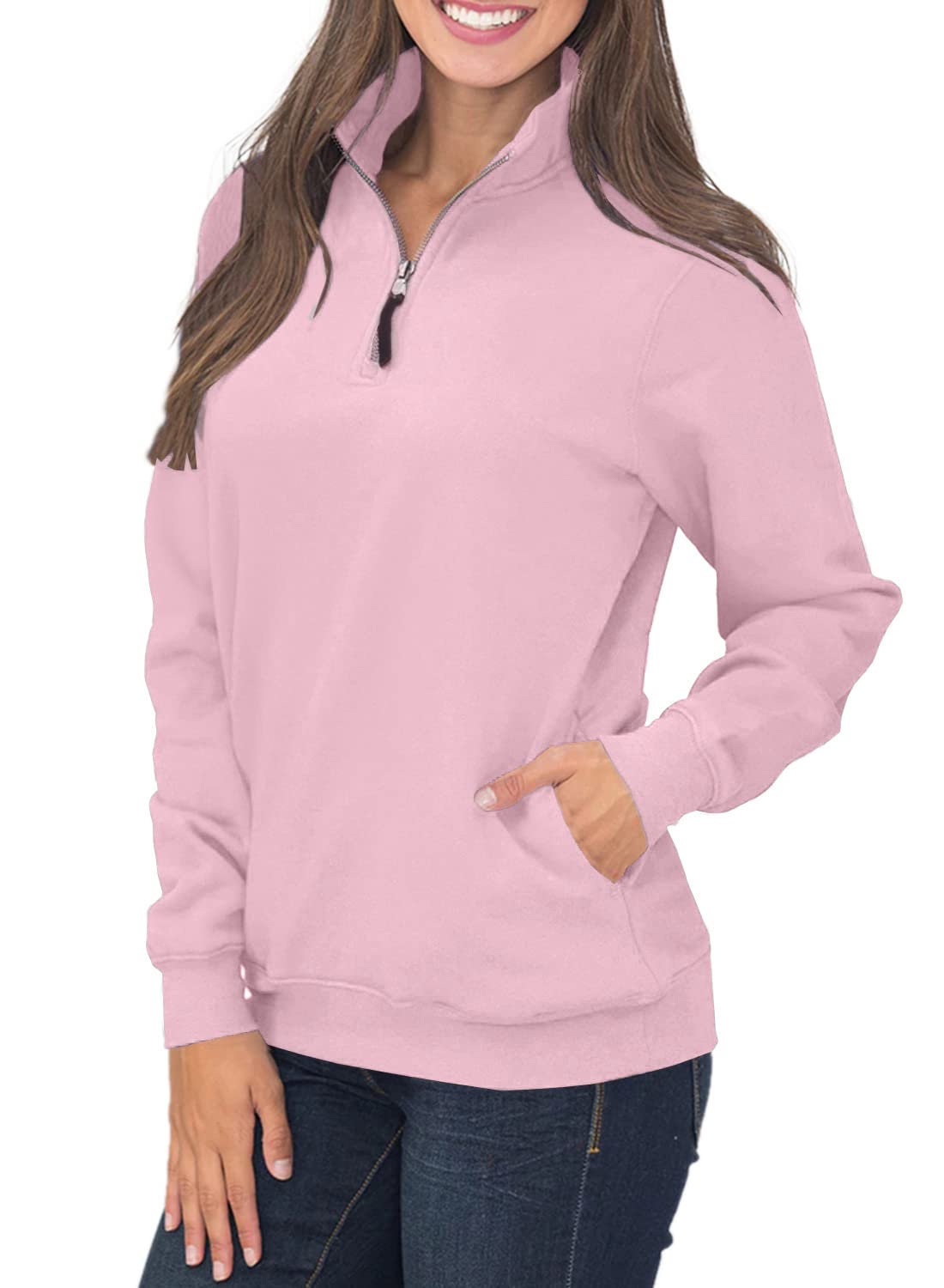 Samefar Womens Sweatshirt Long Sleeve Quarter Zip High Neck Casual Loose Pullover Sweatshirts Tops for Women Pink Large