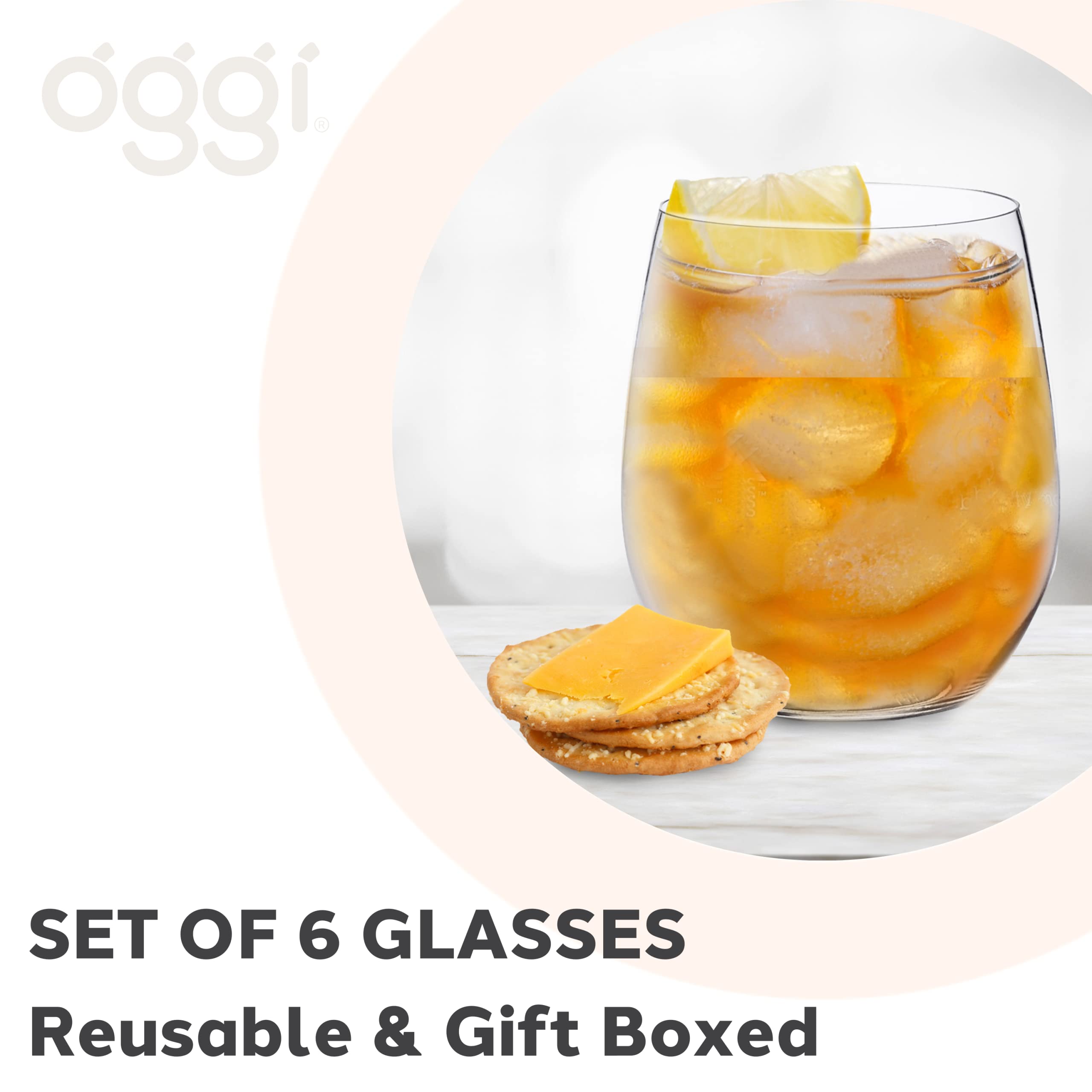 Oggi Unbreakable Wine Glasses, Set 6 - Elegant Reusable Plastic Wine Cups, Stemless Wine Glass Tumbler Design, Shatterproof Plastic, Ideal for Indoor and Outdoor Use, Recyclable - 12oz / 350ml