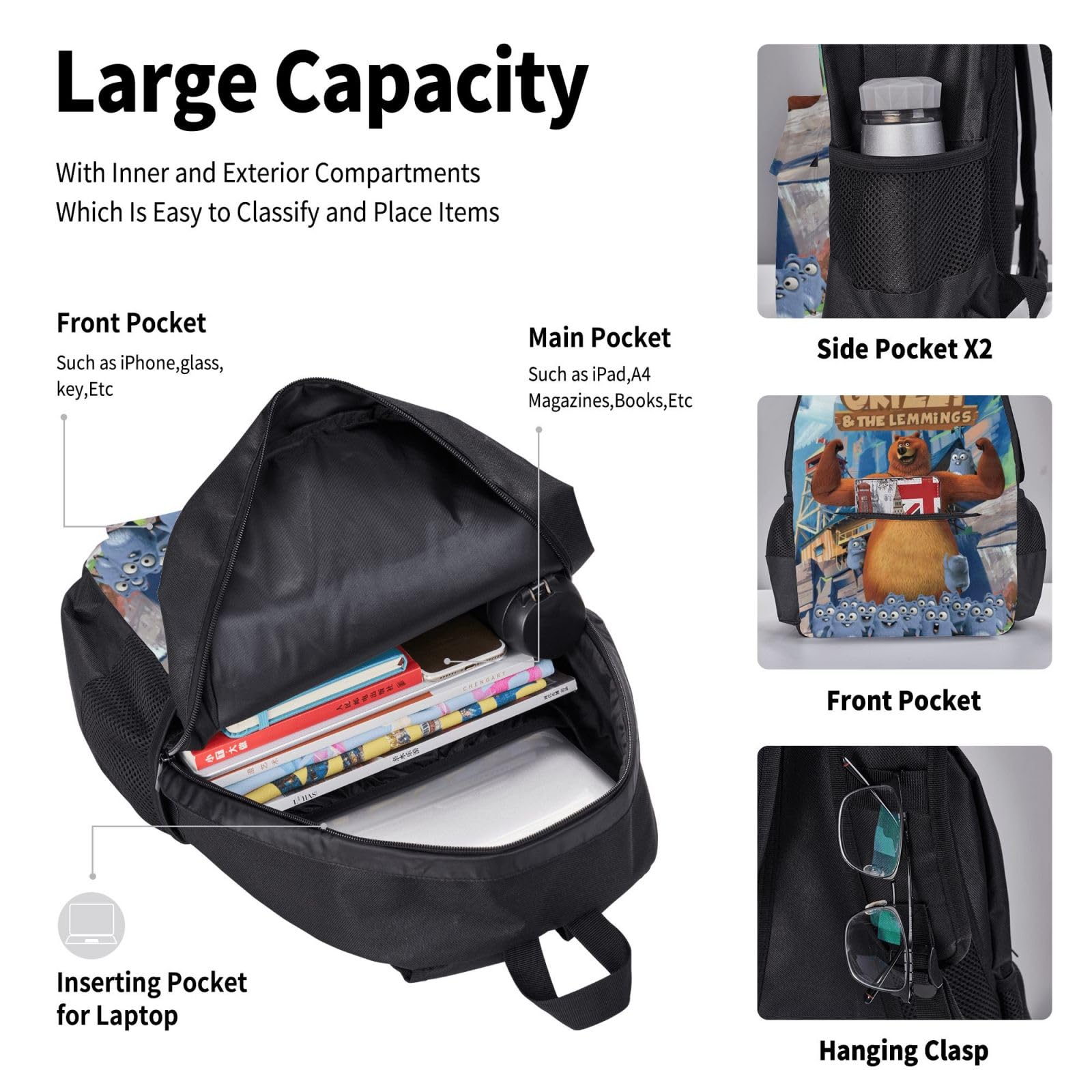 ORPJXIO Backpack 3 Piece Set Grizzy and Anime The Lemmings Laptop Backpack Pencil Case Lunch Bag Combination For Travel Work Camping